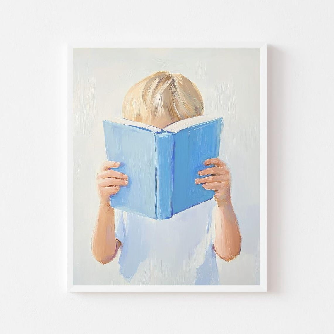 Blonde Boy Reading Blue Book Painting Pastel Book Nook Wall Art Print ...