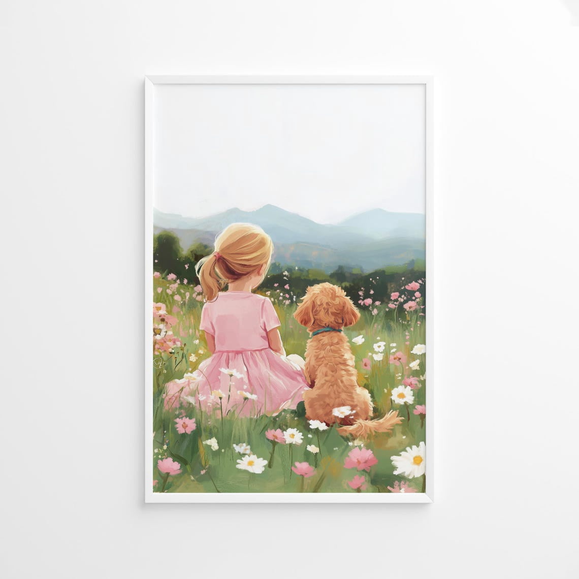 Blonde Girl Poster, Goldendoodle Art, Dog Lover Decor, Wildflower ...