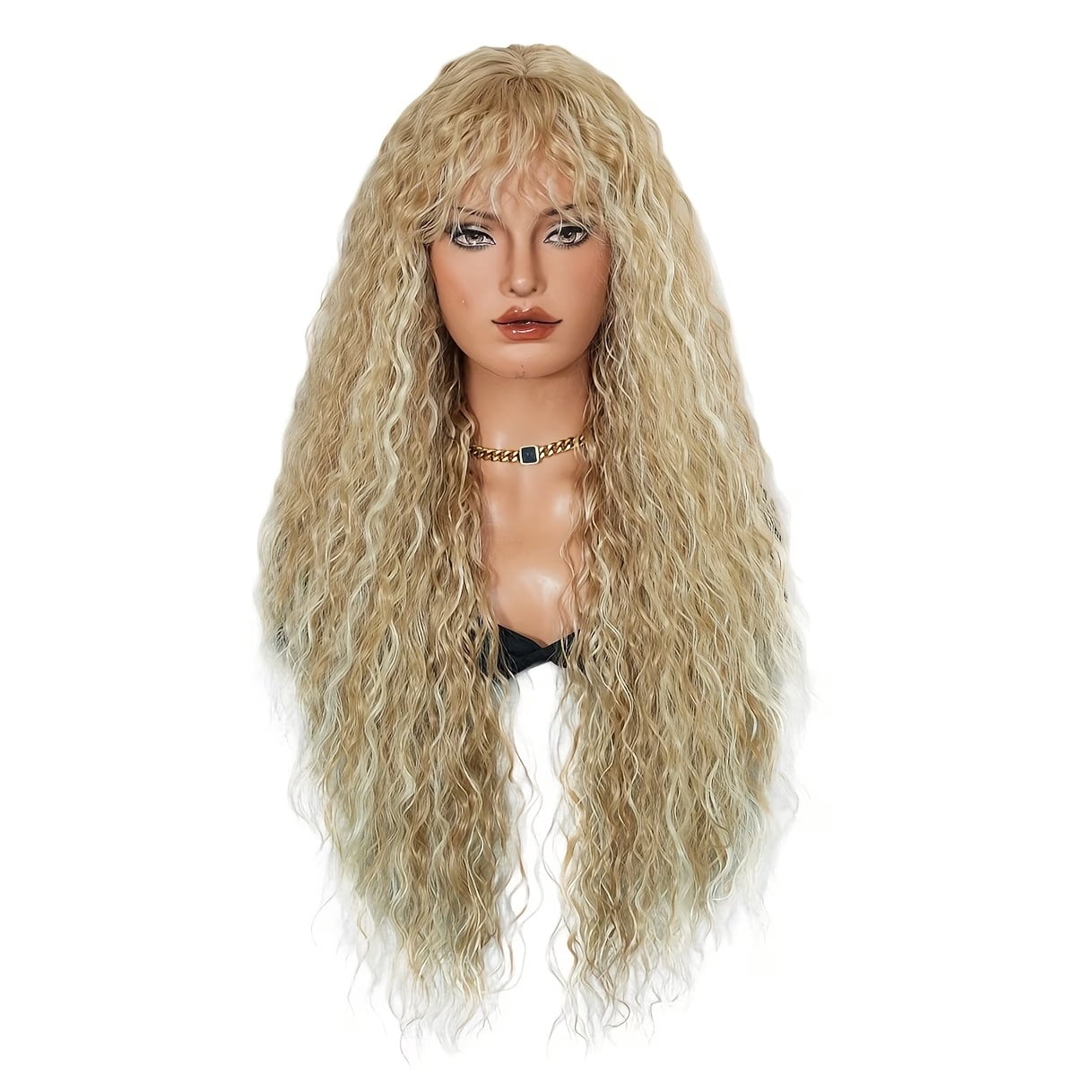 Blonde Long Wavy Wig with Bangs - 33.46 Inches High-Density Fluffy ...