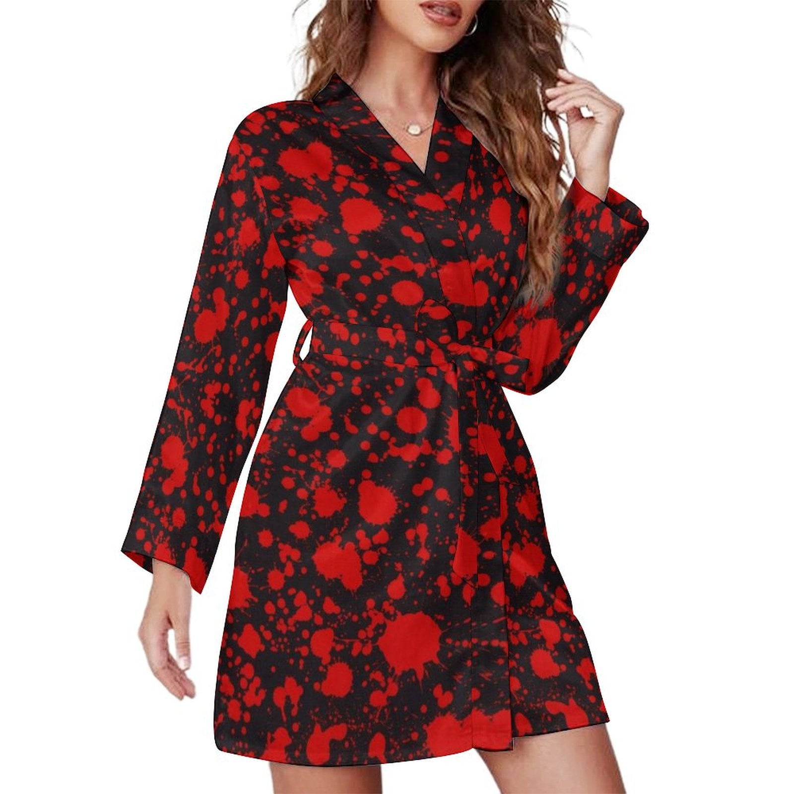 Blood Black And Red Horror Night Robe Long Sleeve V Neck Robe With Belt ...