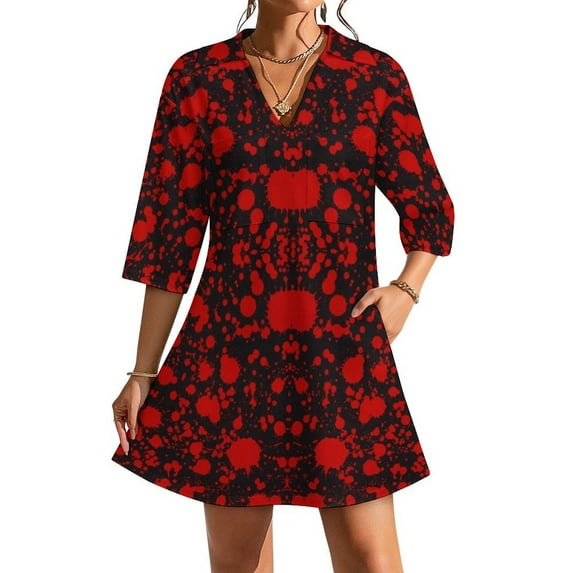 Blood Black And Red Horror Womens Dress With Pockets Summer V Neck 3/4 ...