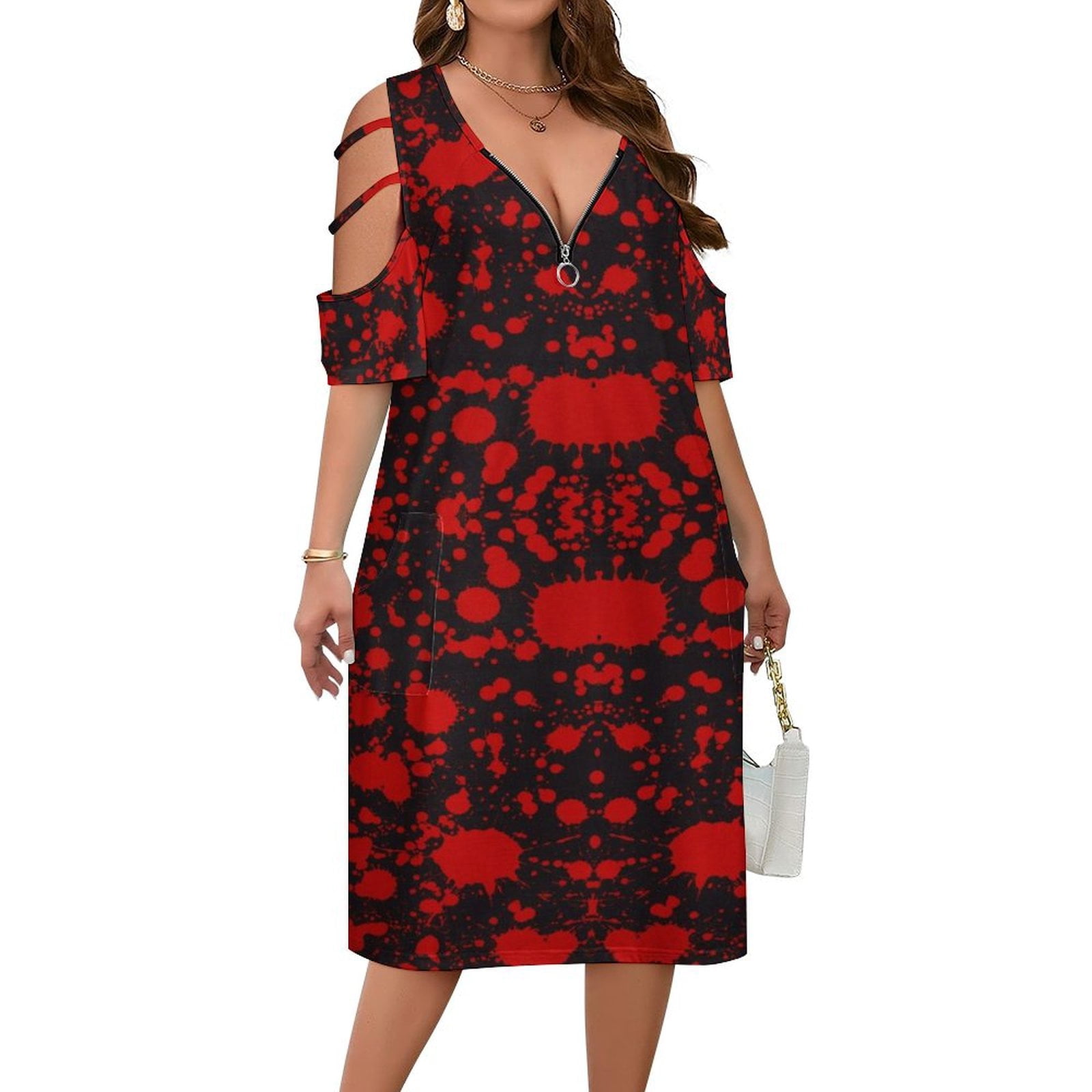 Blood Black And Red Horror Zipper V Neck Short Sleeve Dress Women Dress ...
