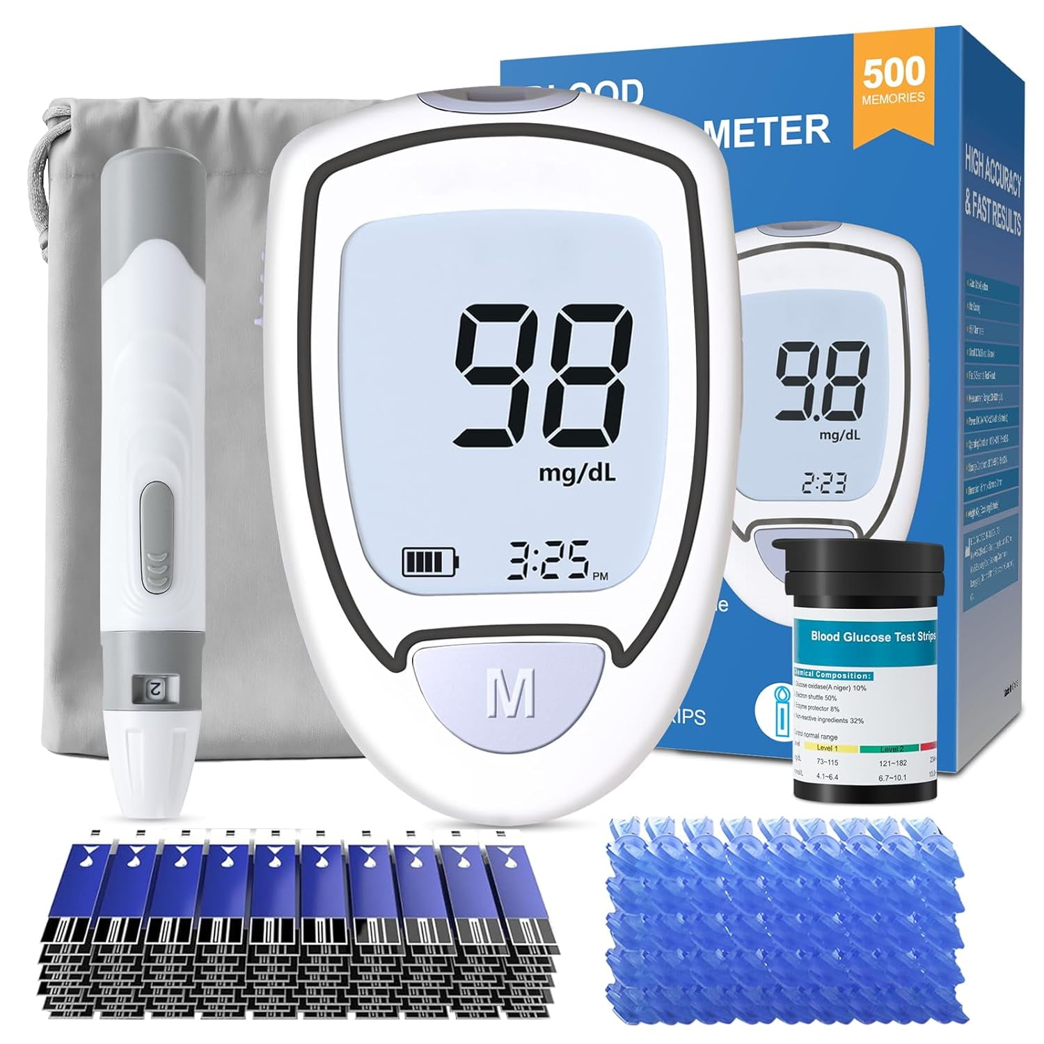 Blood Glucose Monitor Kit, 100 Glucometer Strips, 100 Lancets, 1 Blood ...