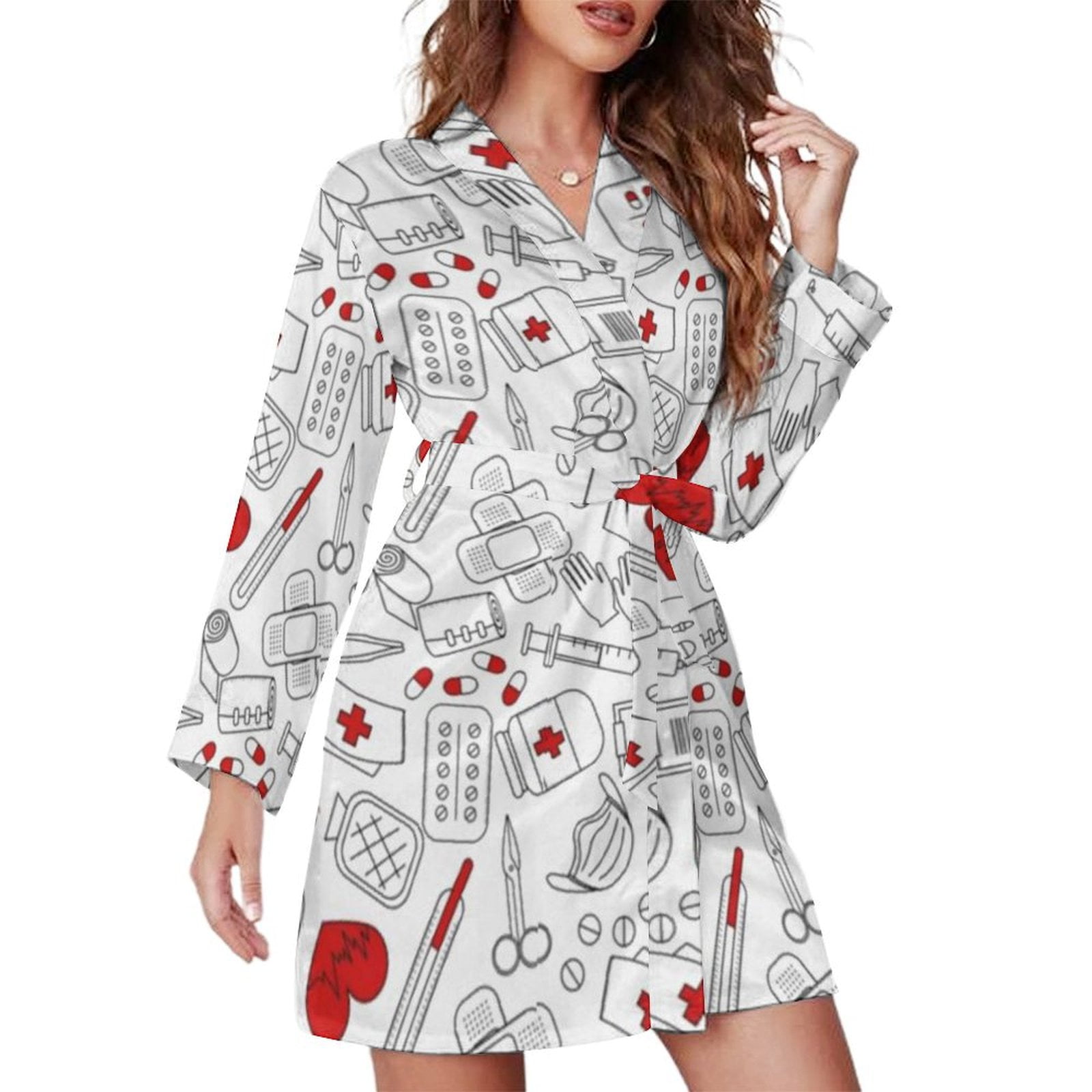 Blood Medical Equipment Pattern Night Robe Long Sleeve V Neck Robe With ...