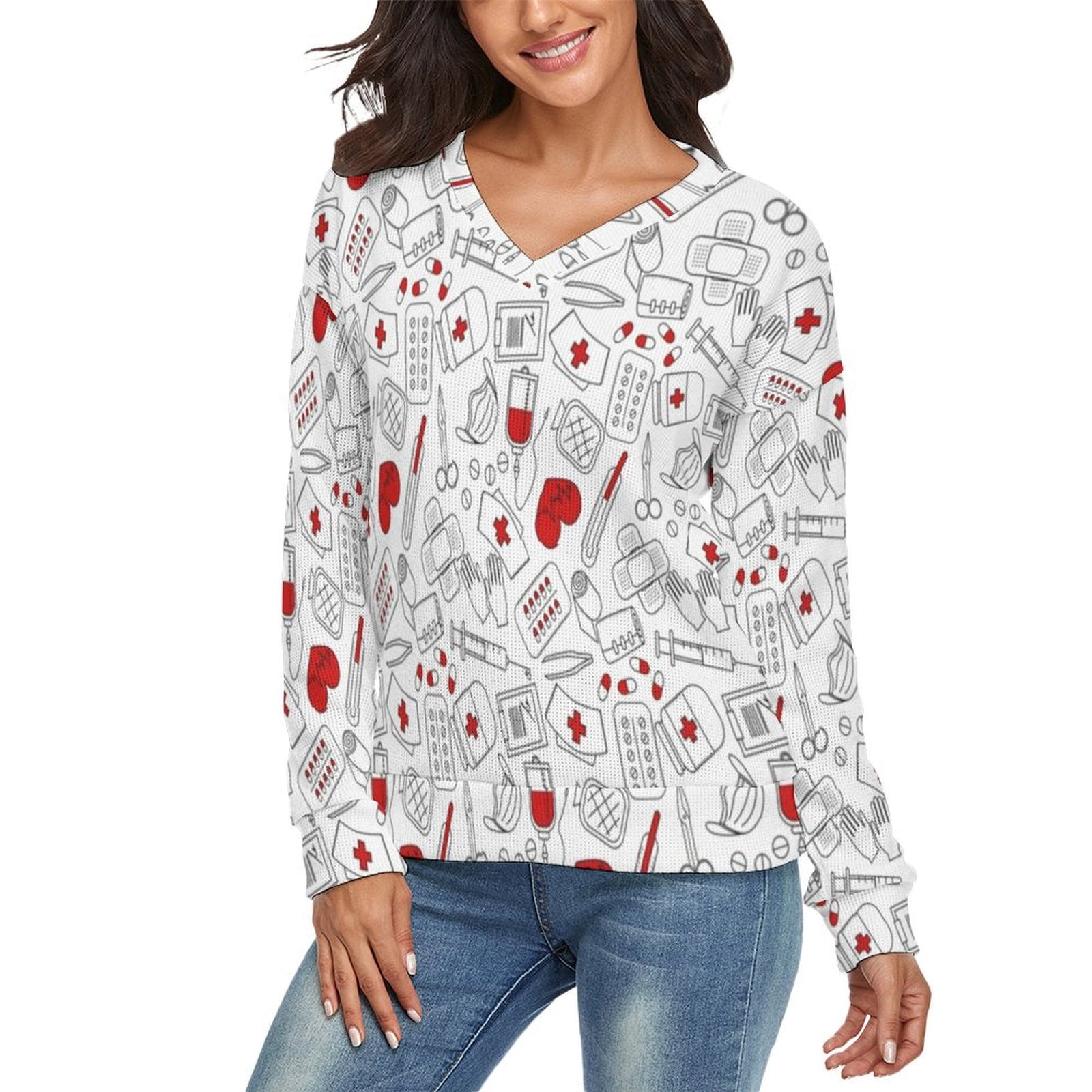 Blood Medical Equipment Pattern V-neck Sweater Winter Clothes Long ...