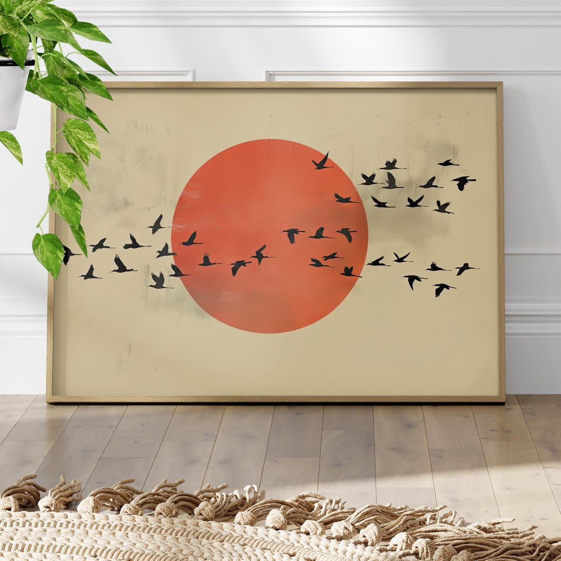 Blood Moon Japandi Wall Art Minimal Japanese Bird Sun Decor, Unframed ...