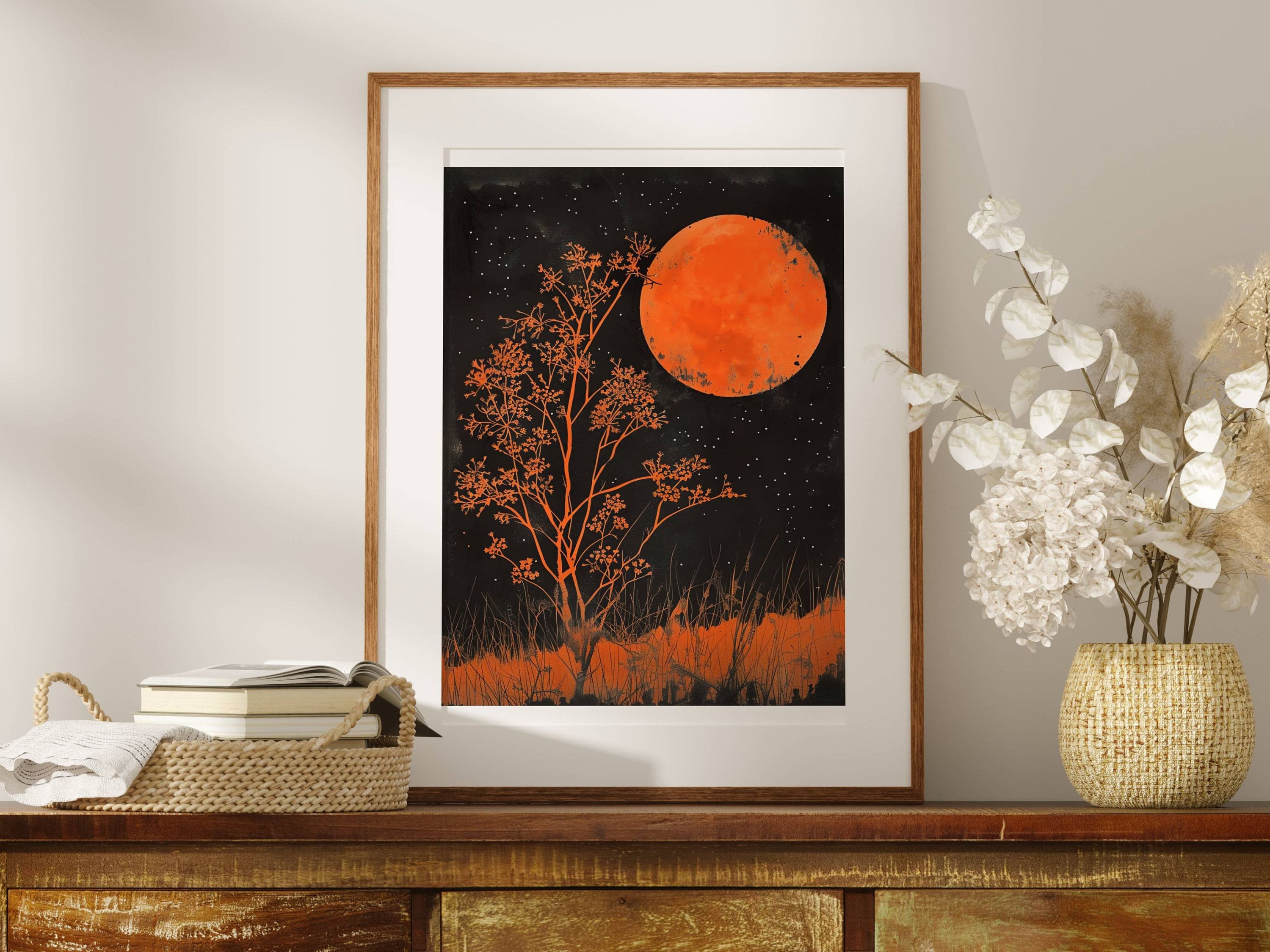 Blood Moon Print, Mystical Celestial, Floral Moon Wall Art, Vintage ...