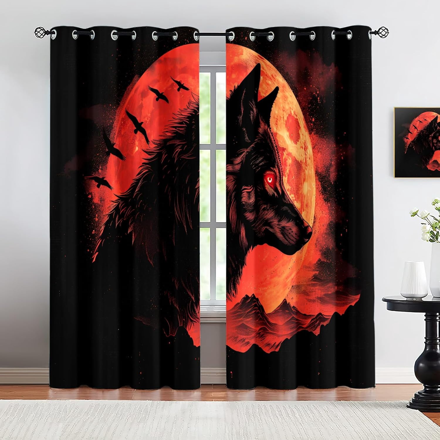 Blood Moon Wolf Blackout Curtains, Gothic Wolf Raven Night Sky Pattern ...