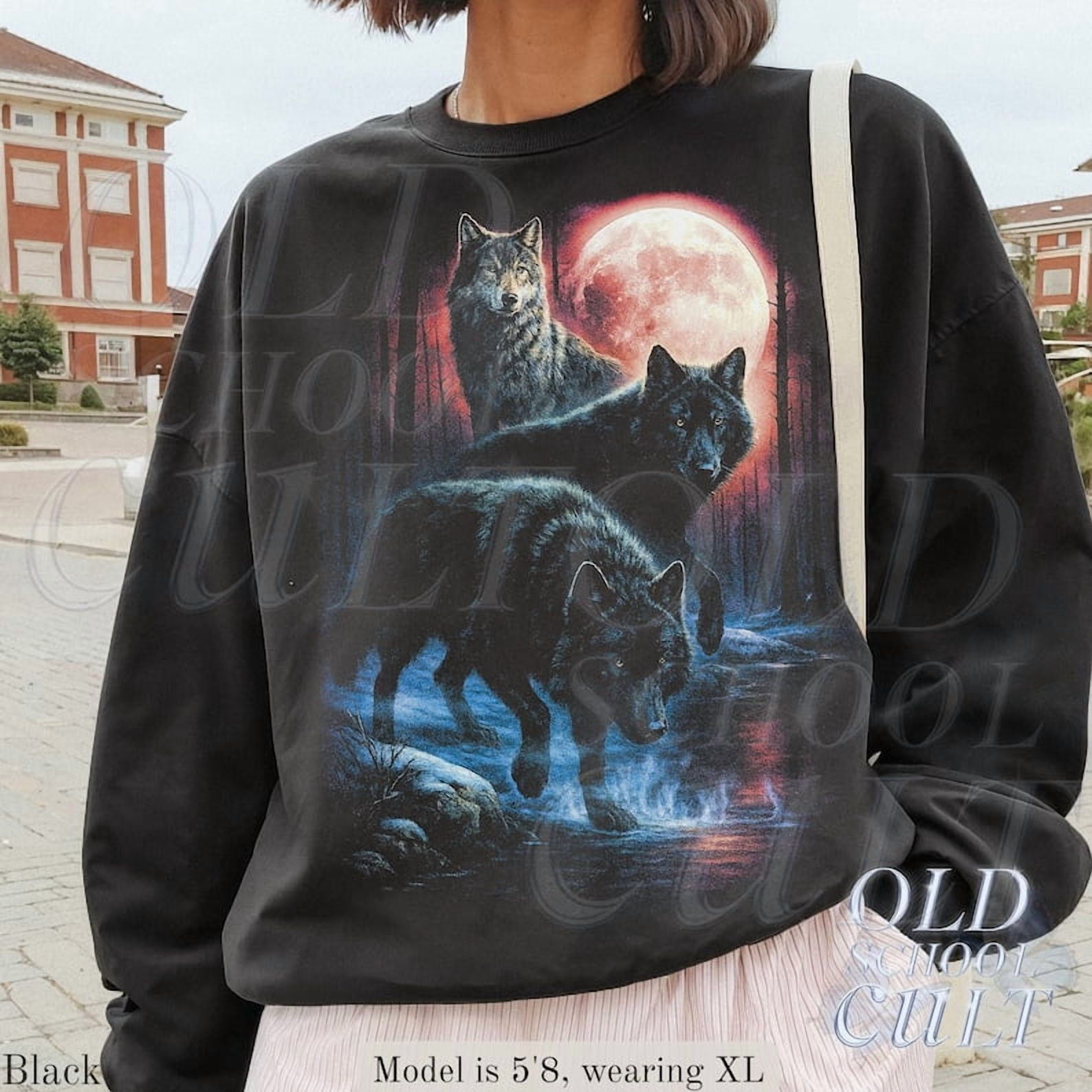 Blood Moon Wolves Sweatshirt | Vintage Wildlife Night Scene Pullover ...