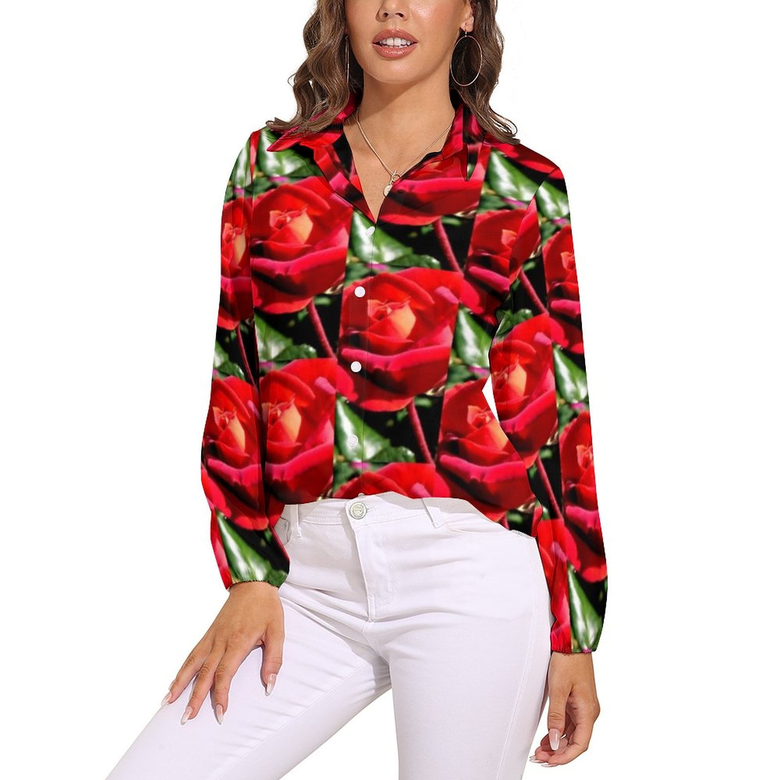 Blood Red Roses Blouse Floral Print Retro Pattern Blouses Woman Casual ...