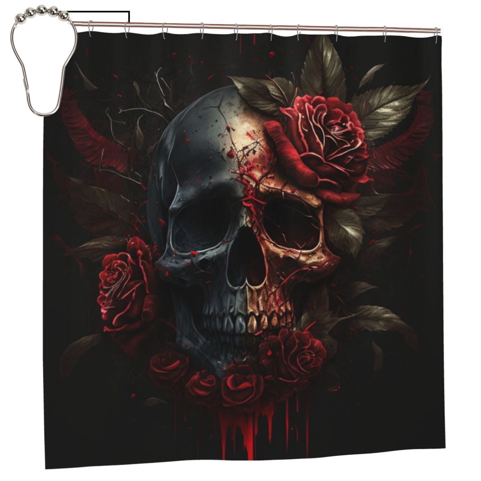 Blood Skull Roses Shower Curtain with 12 Iron Hooks Washable Polyester ...