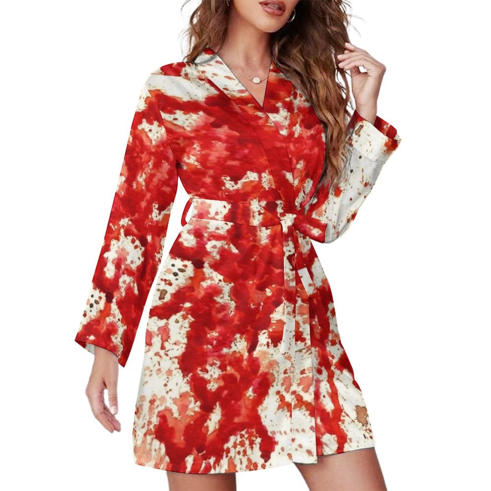 Blood Splatter Graphic Night Robe Long Sleeve V Neck Robe With Belt ...