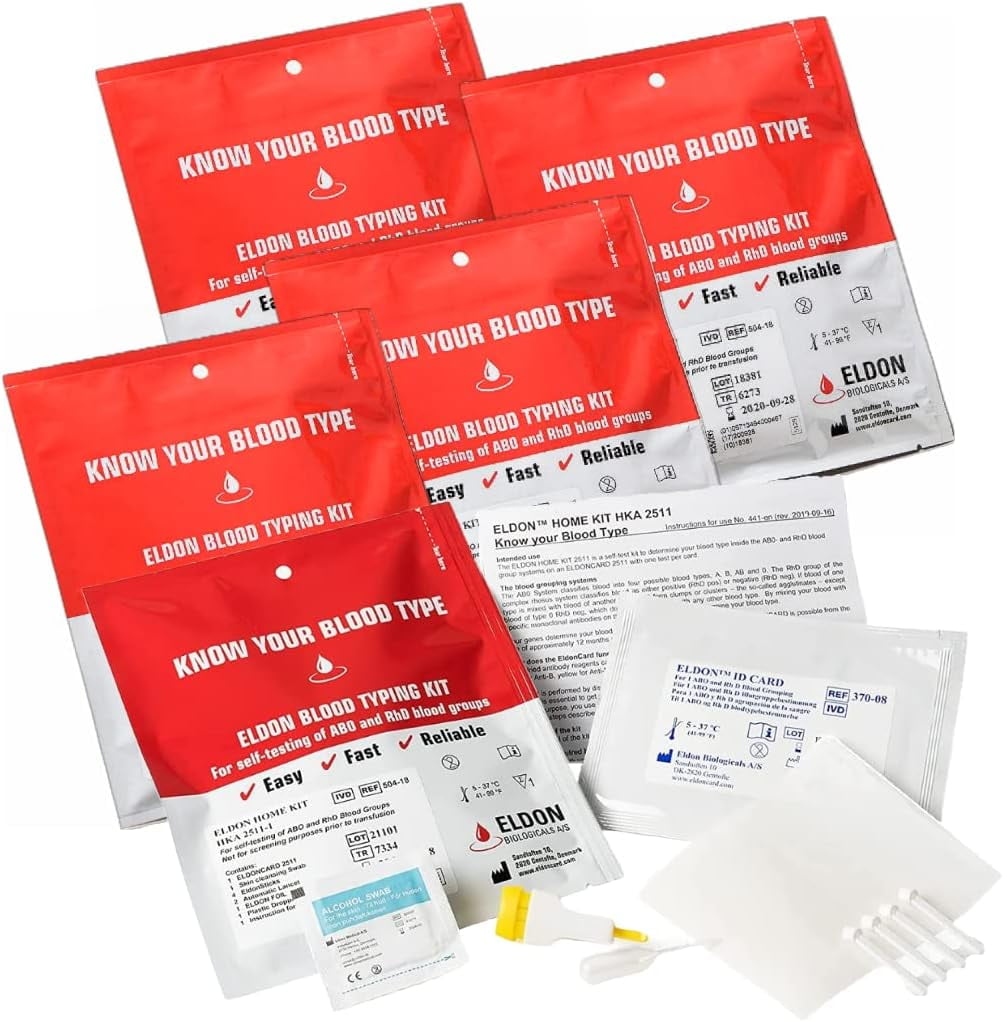 Eldon Blood Type Test Kit, 5 Pack for Blood Group and Rh Factor ...