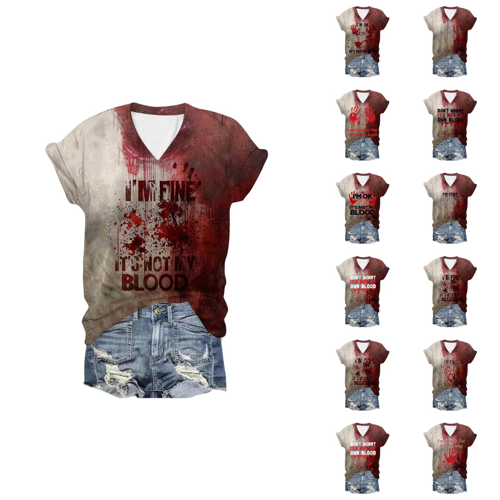 Halloween Tshirts Women 2025 Short Sleeve V Neck Funny Scary Graphic ...