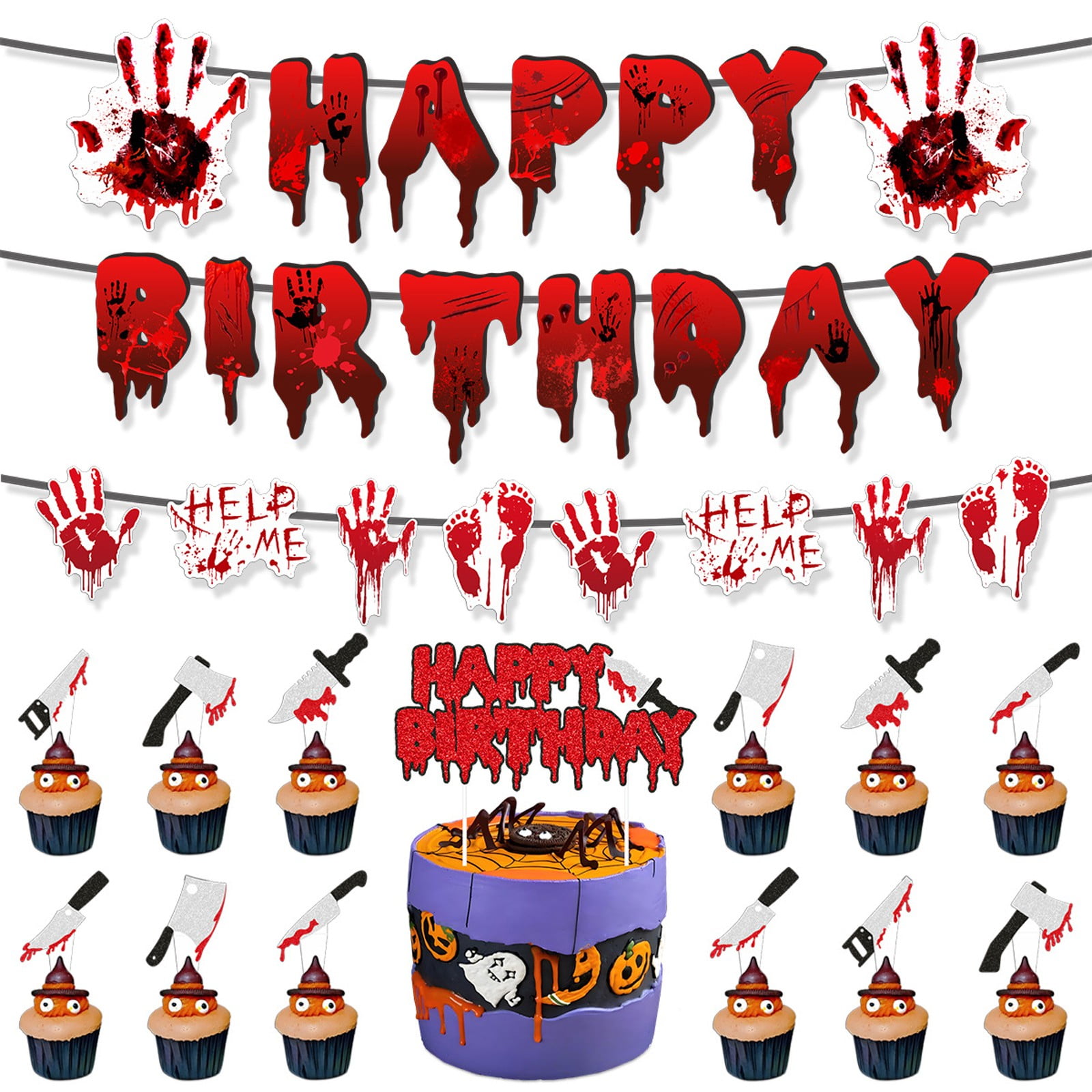 Bloody Happy Birthday Banner Decoration, Horror Handprint Garland for ...