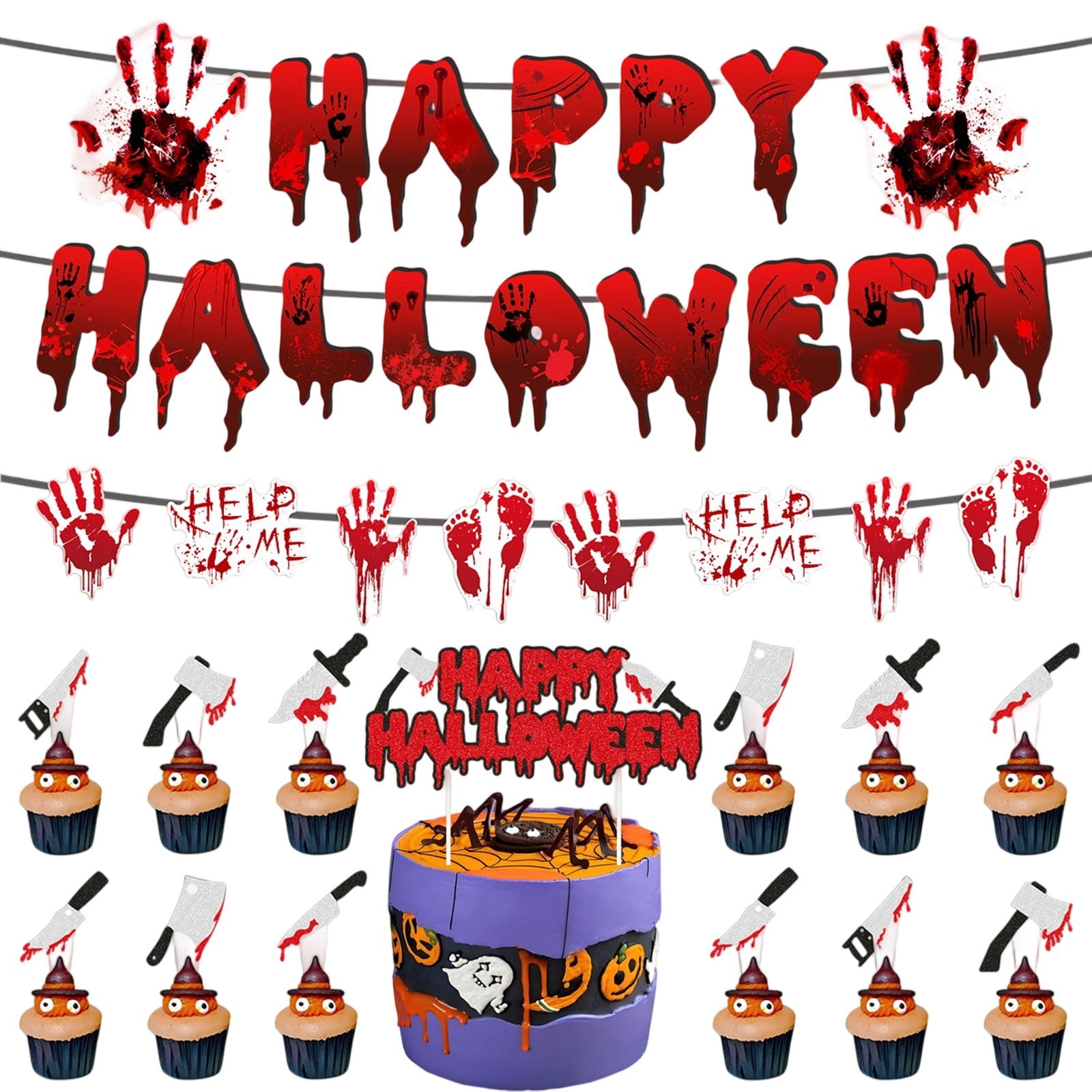 Bloody Happy Birthday Banner Decoration, Horror Handprint Garland for ...