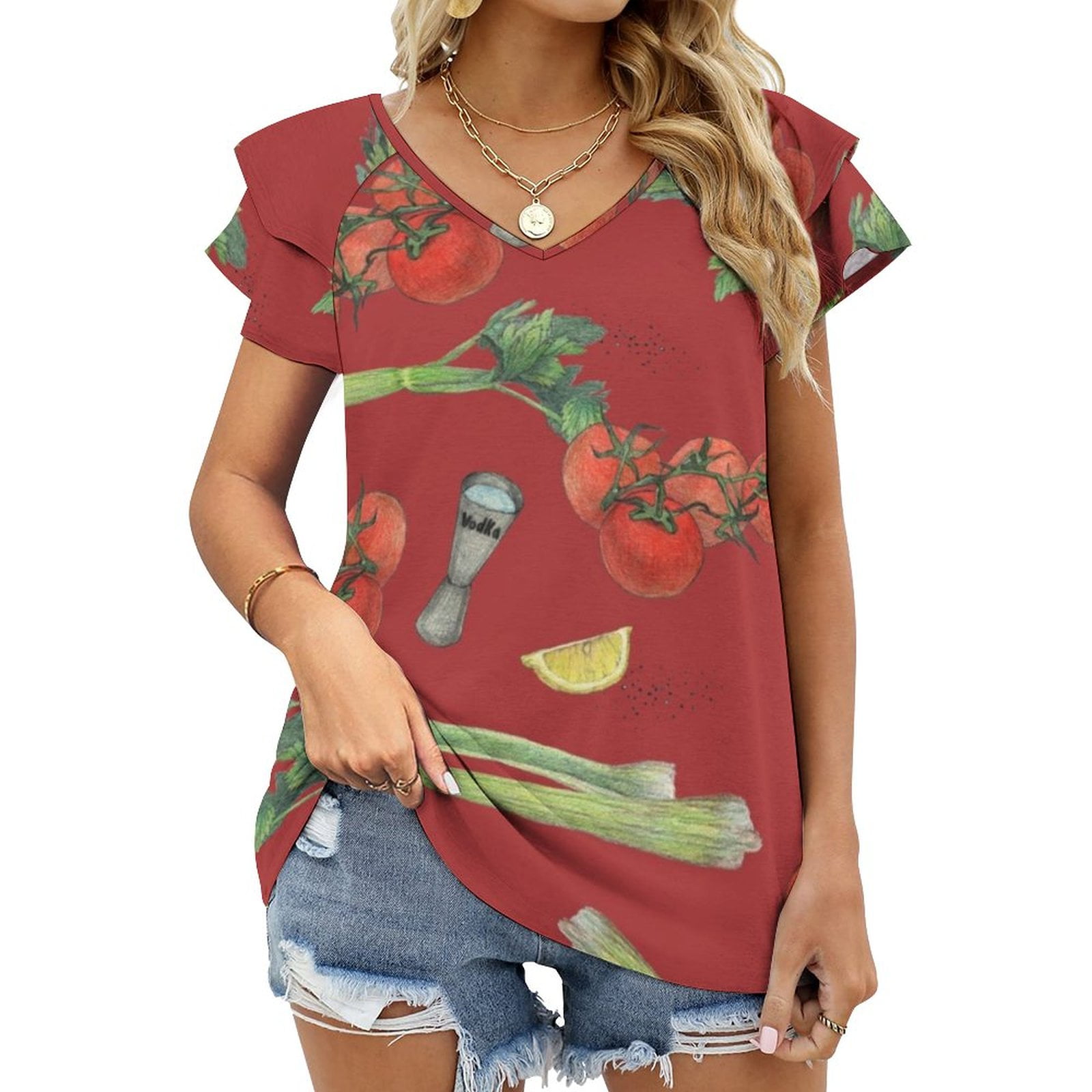 Bloody Mary Recipe Lotus Leaf Neck T-Shirt Long Sleeve Printed Fall T ...