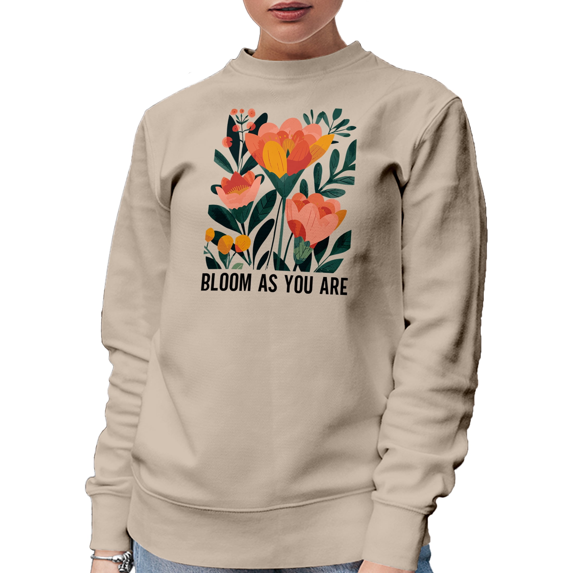 Bloom As You Are Quote feat. Flower Art, Sand Crewneck Sweatshirt, Large - Walmart.com