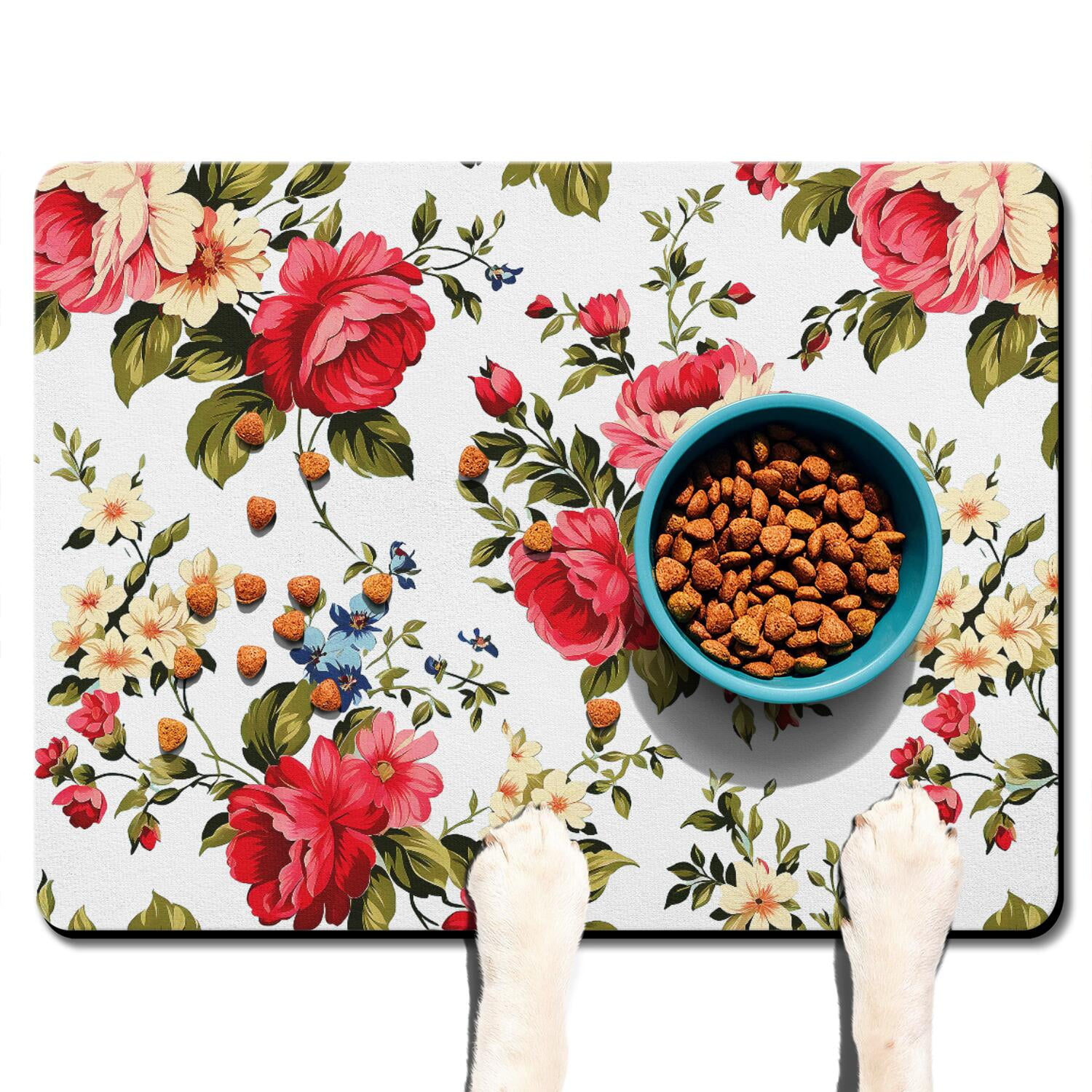 Bloom Dog Bowl Mat - Floral Print Absorbent Pet Food Mat with Romantic ...