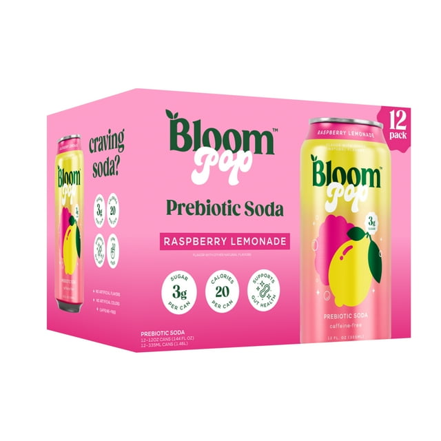 Bloom Nutrition Pop Prebiotic Soda, Raspberry Lemonade, 12 fl oz, 12 ...
