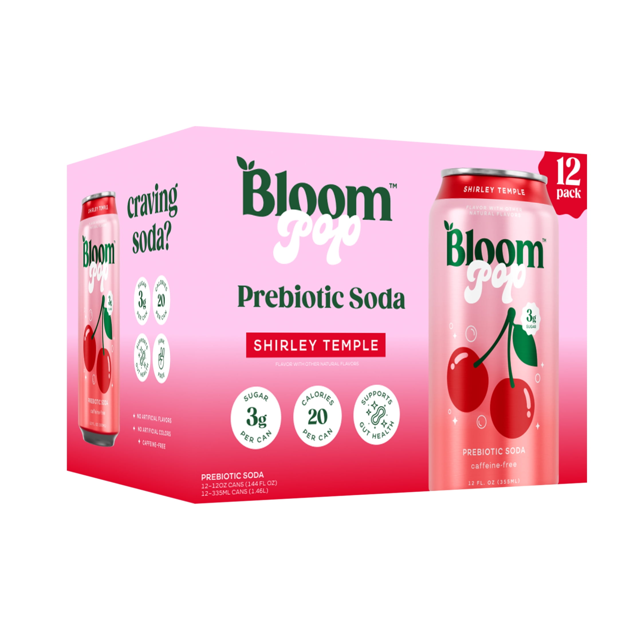 Bloom Nutrition Pop Prebiotic Soda, Shirley Temple, 12 fl oz, 12 Pack ...