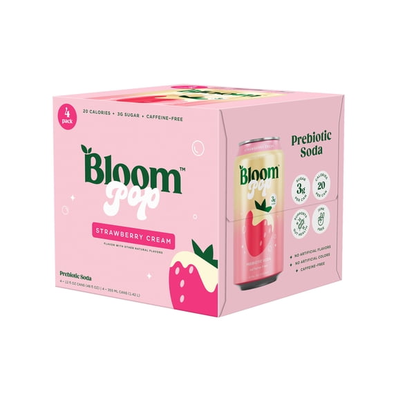 Bloom Nutrition Pop Prebiotic Soda, Strawberries & Cream, 12 fl oz, 4 ...