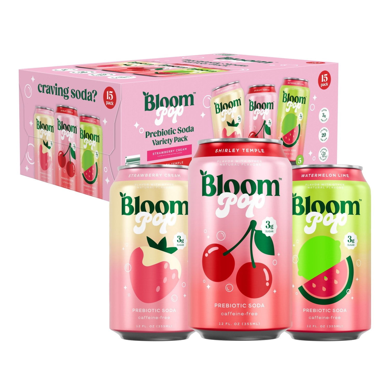 Bloom Pop Prebiotic Soda Variety Pack, 12 fl. oz. Cans, 15 Count ...