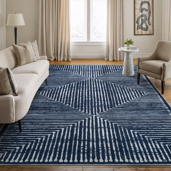 Bloom Rugs Washable Non-Slip 6' x 9' Rug - Blue Striped Area Rug for ...