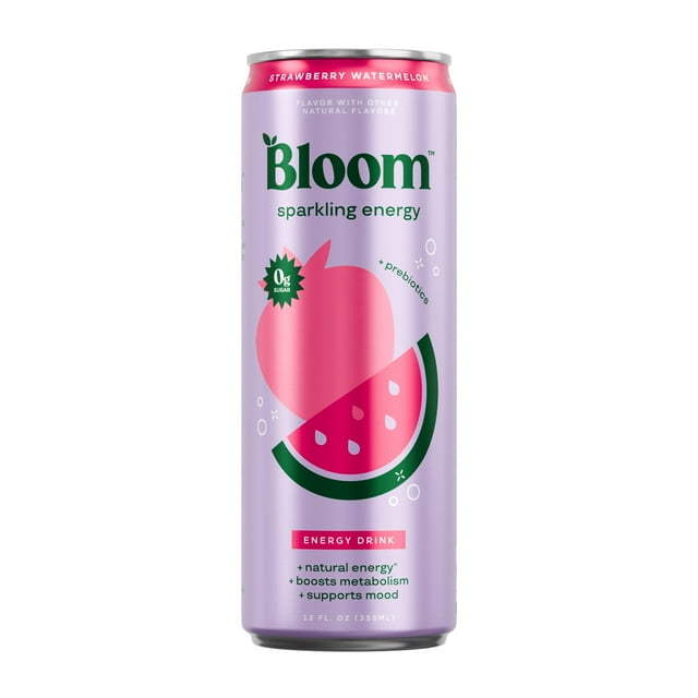 PR Bloom Nutrition Sparkling Energy Drink, Strawberry Watermelon, 12 oz ...