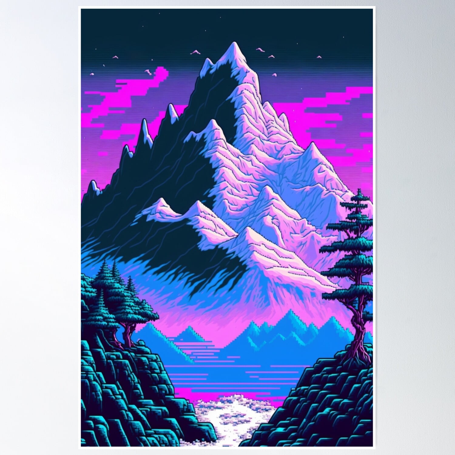 Bloom Theory 16 Bit Vaporwave Mountain Scene Poster Wall Art, Modern ...