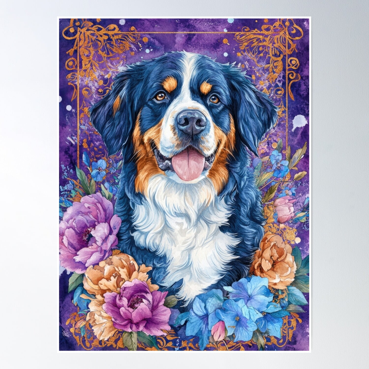 Bloom Theory Bernese Mountain Dog Into Violet & Blue Flowers Poster Wall Art, Modern Wall Decor ...