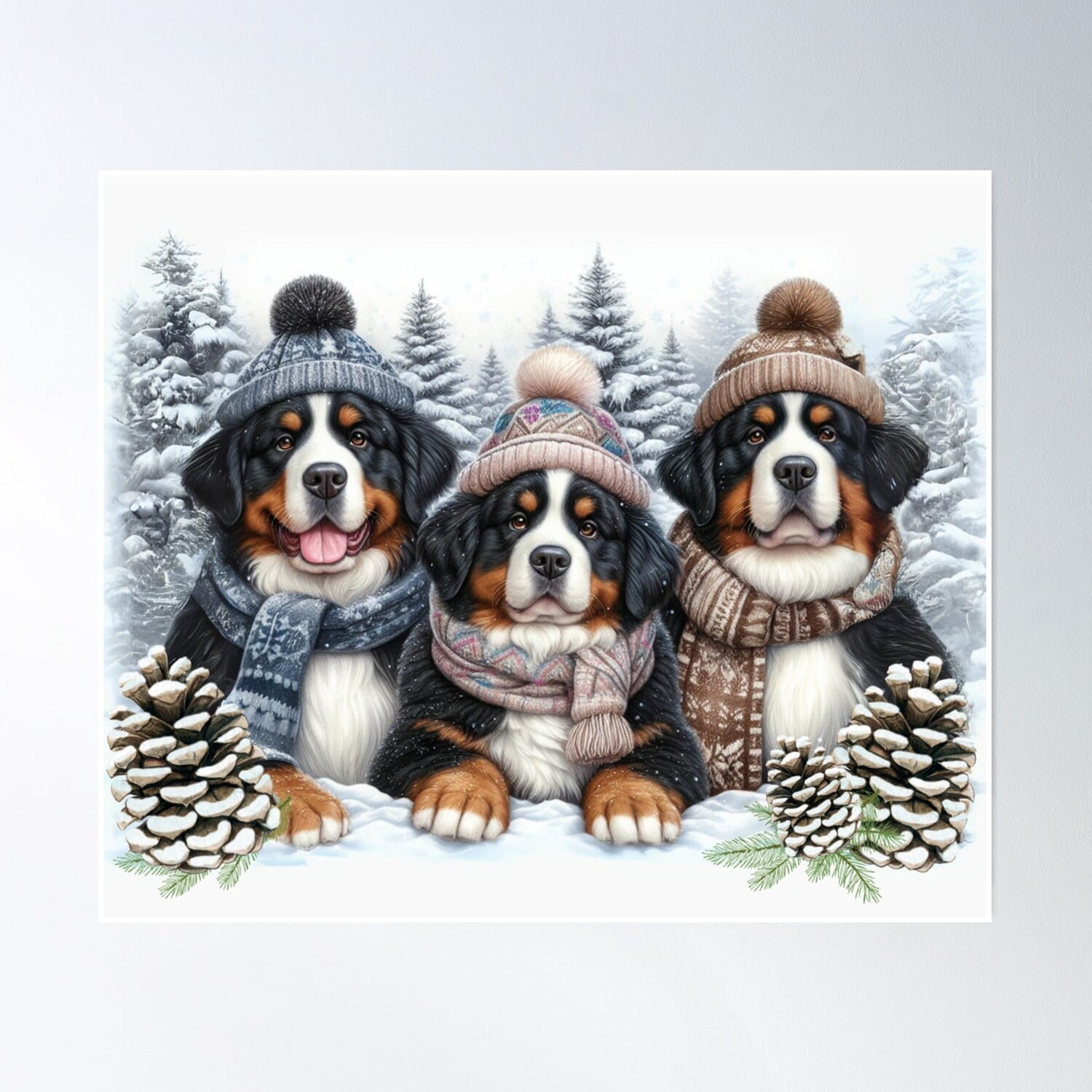 Bloom Theory Bernese Mountain Dogs In Winter Hats And Scarves Poster Wall Art, Modern Wall Decor ...
