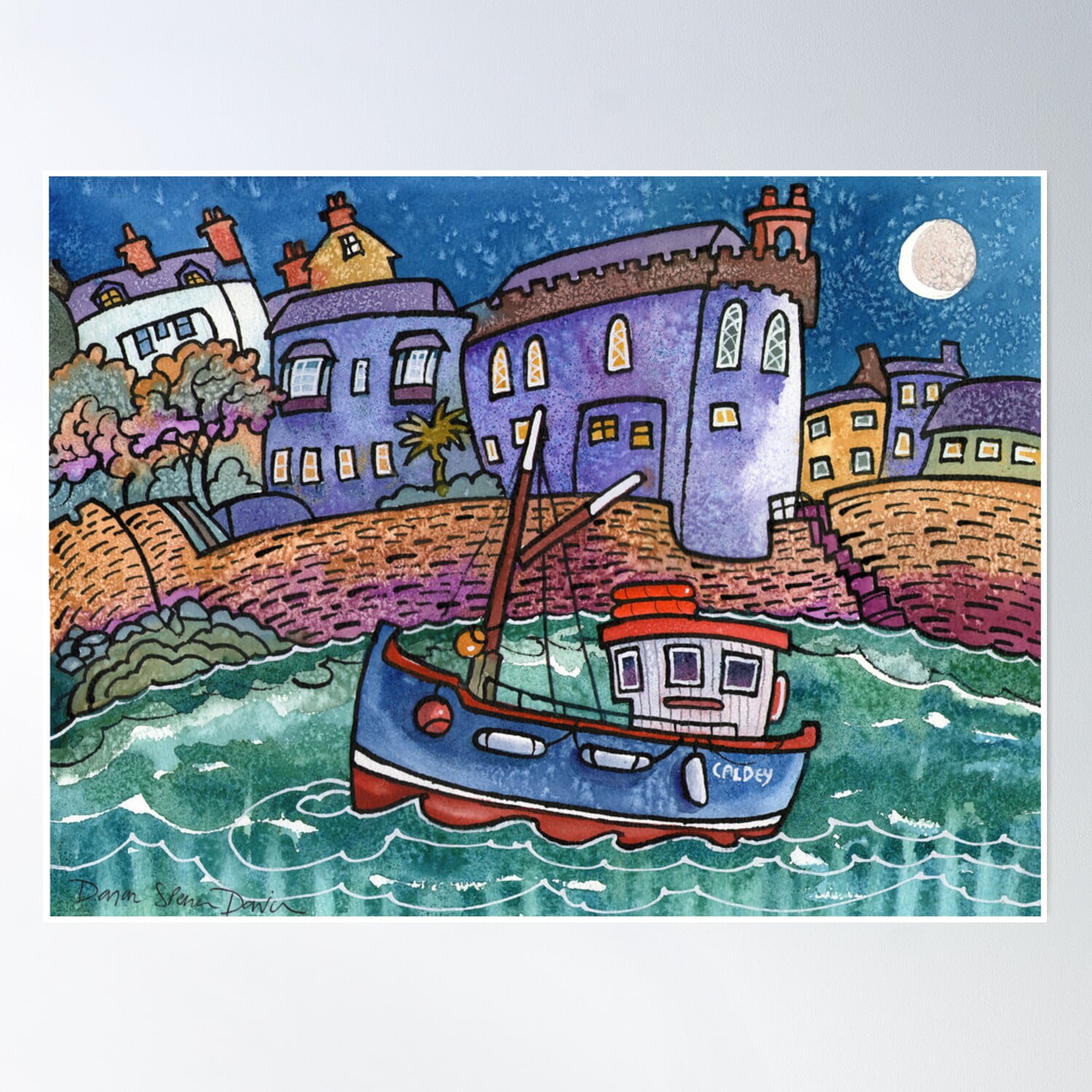 Bloom Theory Caldey Boat And Moon, Tenby Poster Wall Art, Modern Wall ...