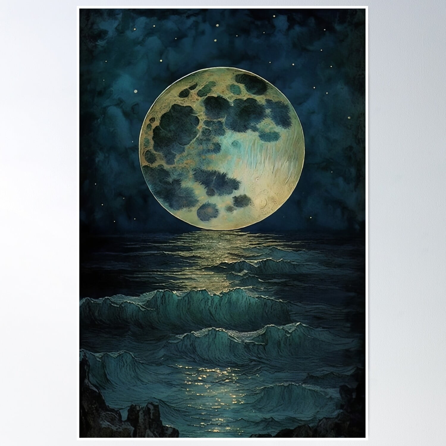 Bloom Theory Drawing Of A Full Moon Reflecting On The Sea Poster Wall ...