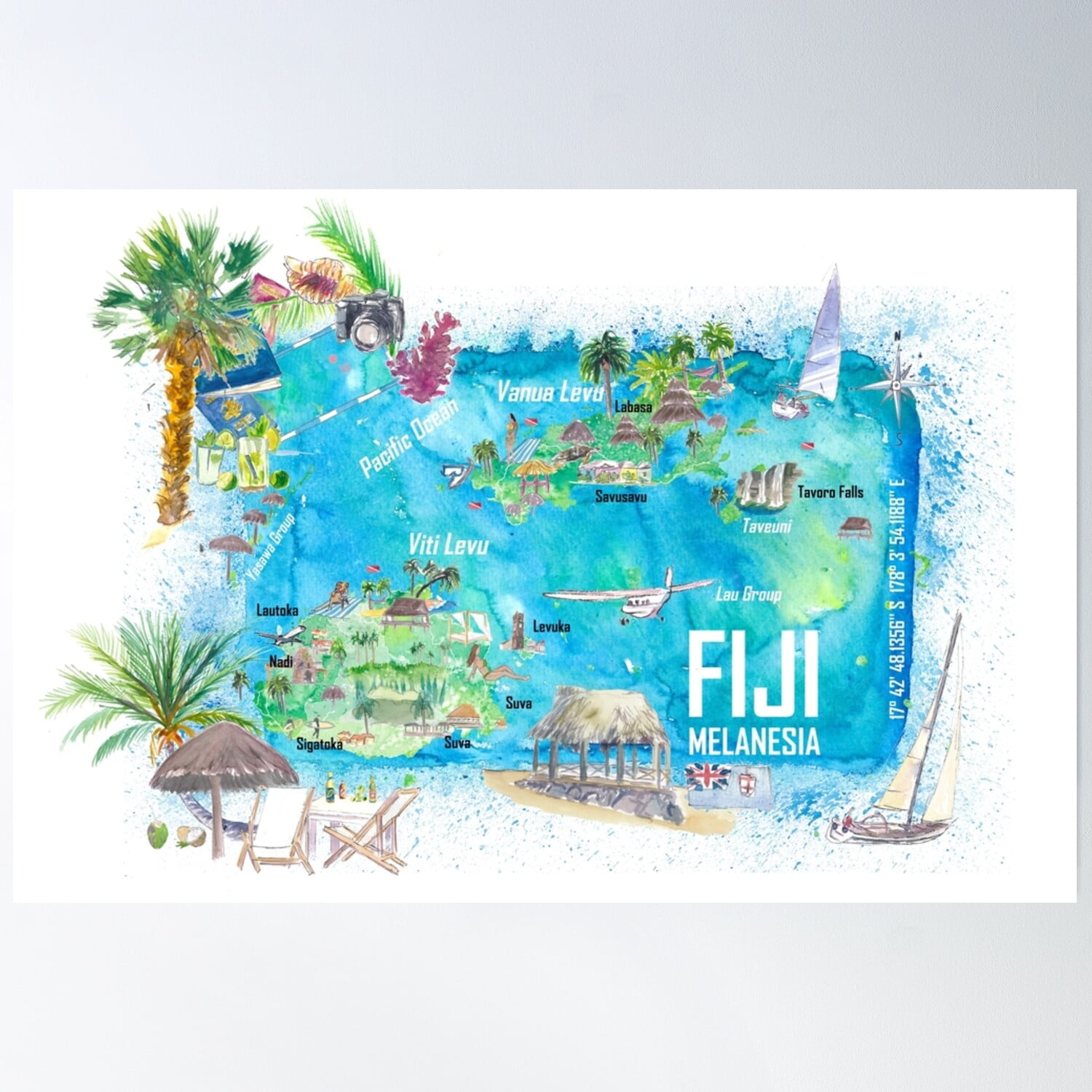 Bloom Theory Fiji Illustrated Polynesia Island Travel Map With Roads ...