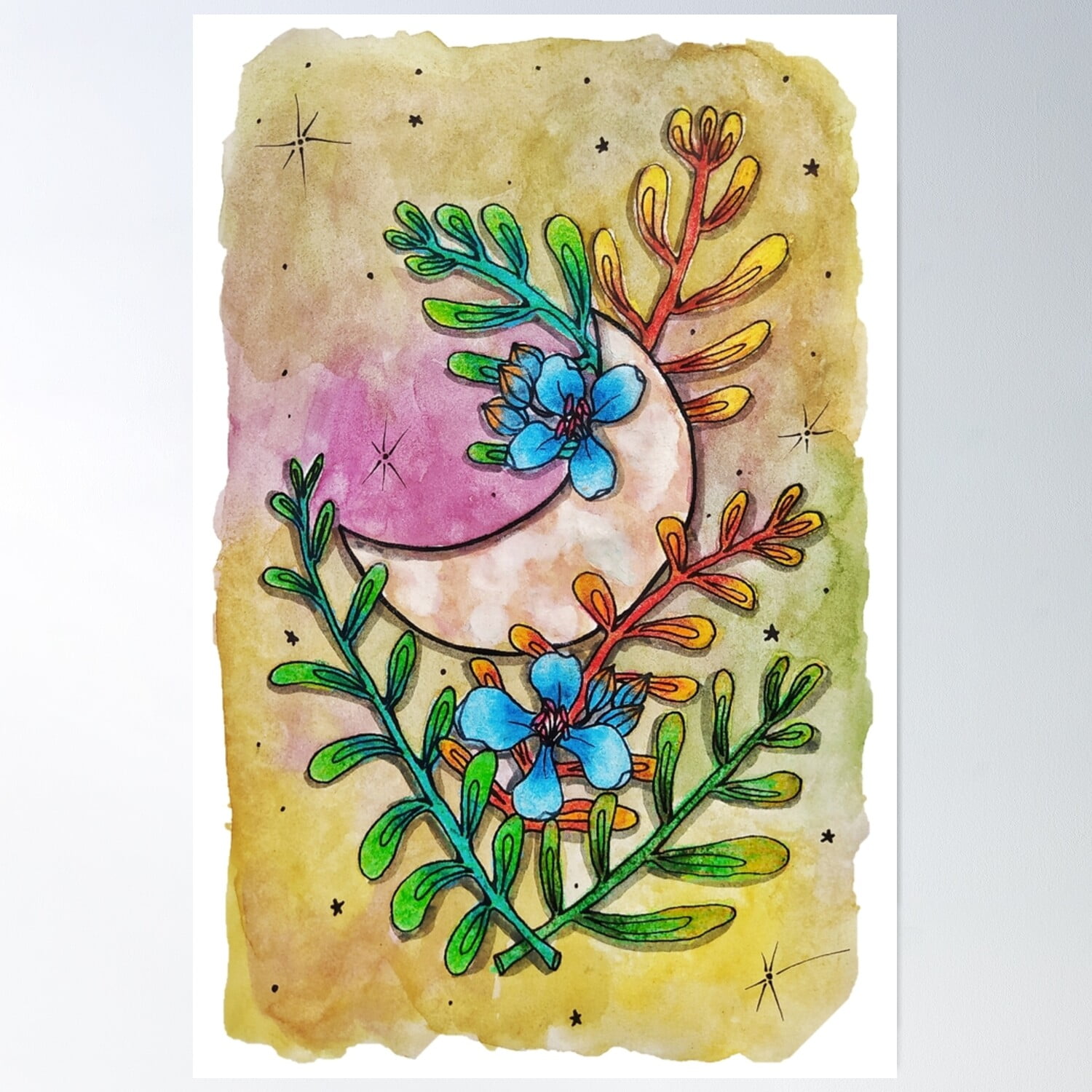 Bloom Theory Floral Crescent Moon Magic Poster Wall Art, Modern Wall Decor, 16x24 UNFRAMED ...