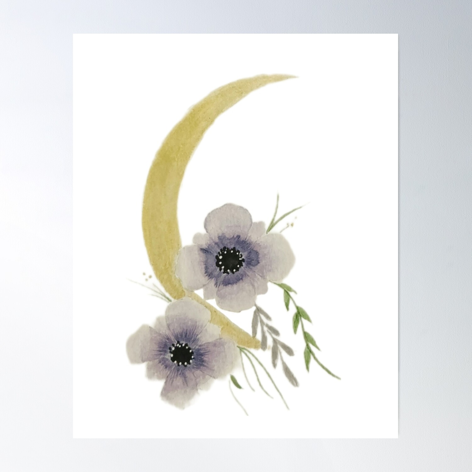 Bloom Theory Golden Cresent Moon With Purple Violet Flowers- Watercolor ...