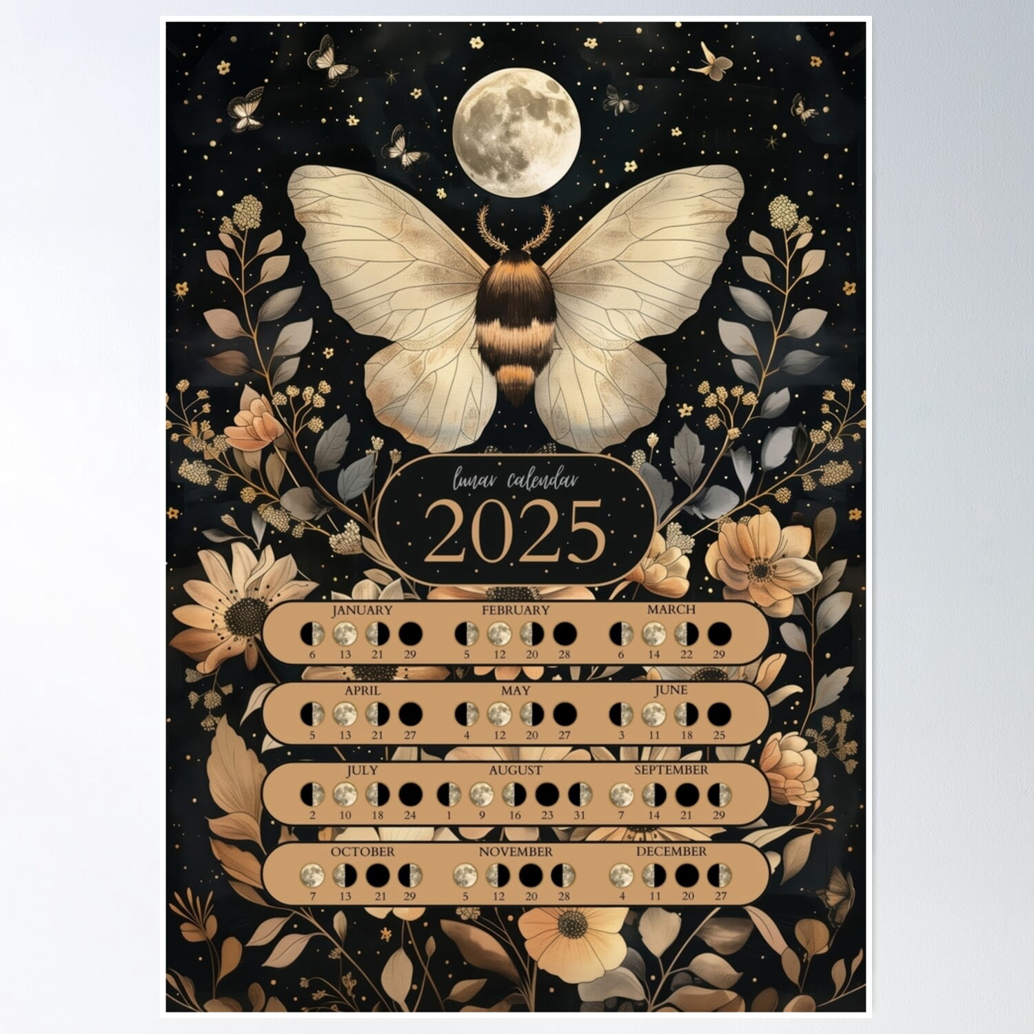 Bloom Theory Lunar Calendar 2025 Moth Boho Style Poster Wall Art ...