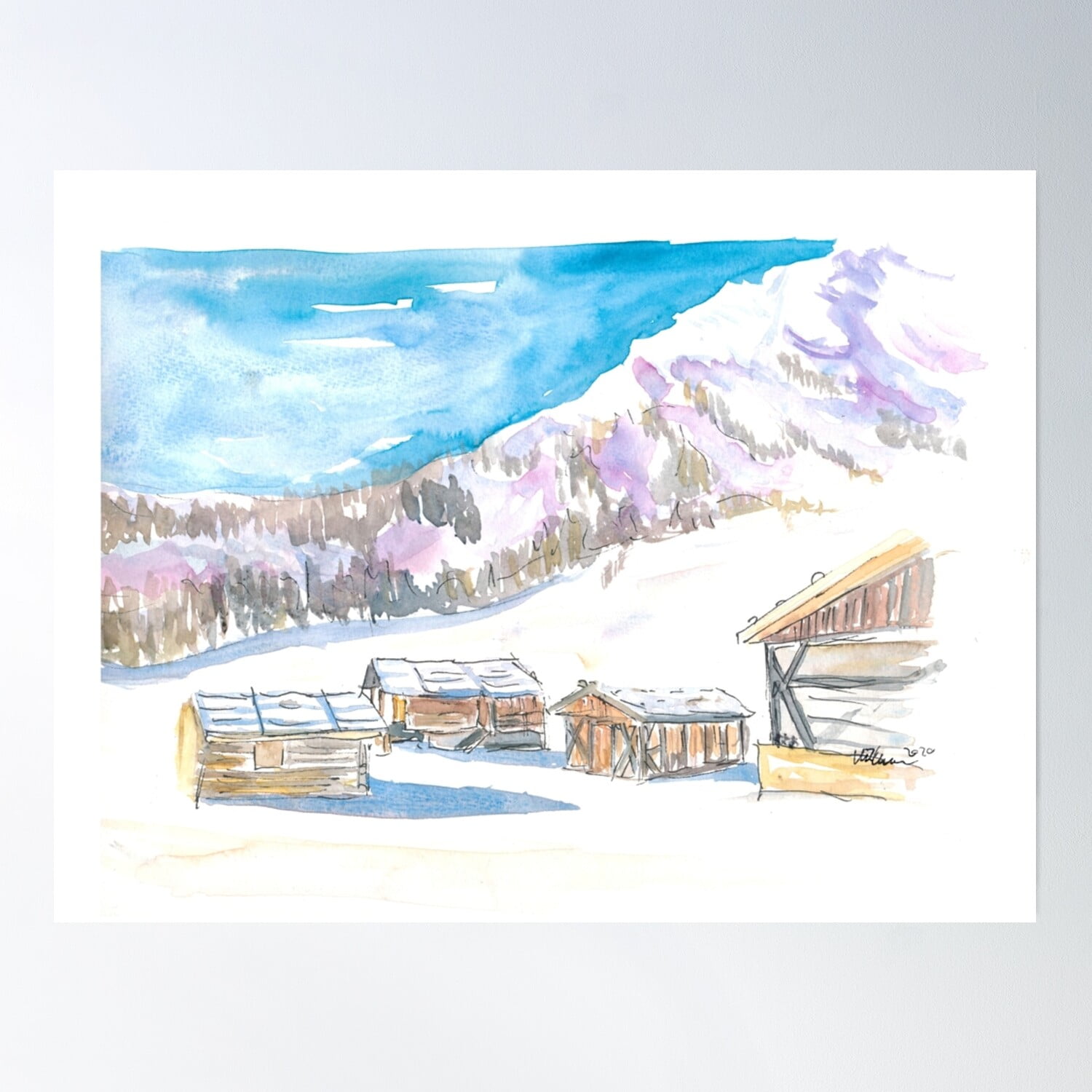 Bloom Theory Rustic Alpine Mountains Huts In The Snow Poster Wall Art ...