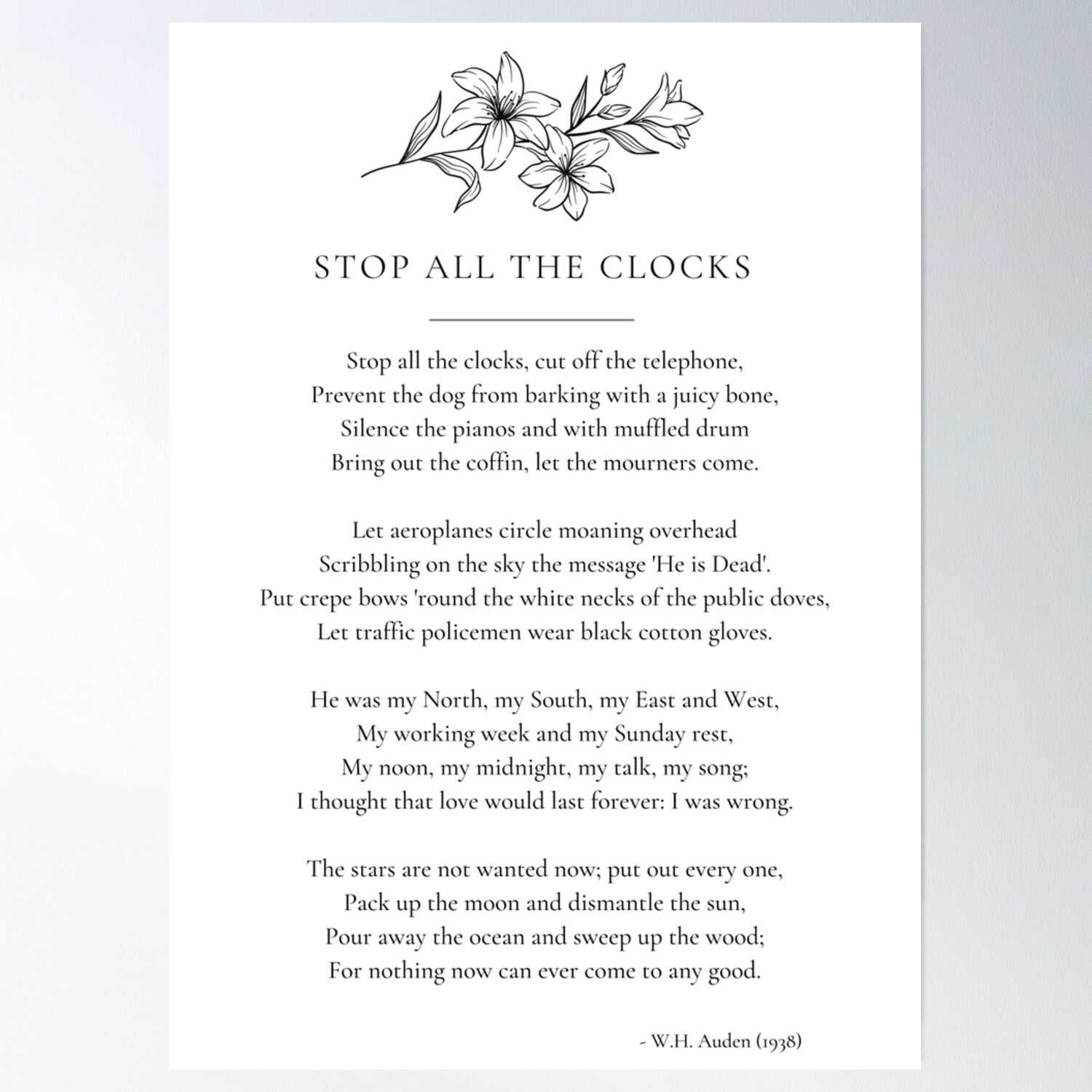 Bloom Theory Stop All The Clocks Funeral Poem Poster Wall Art, Modern ...