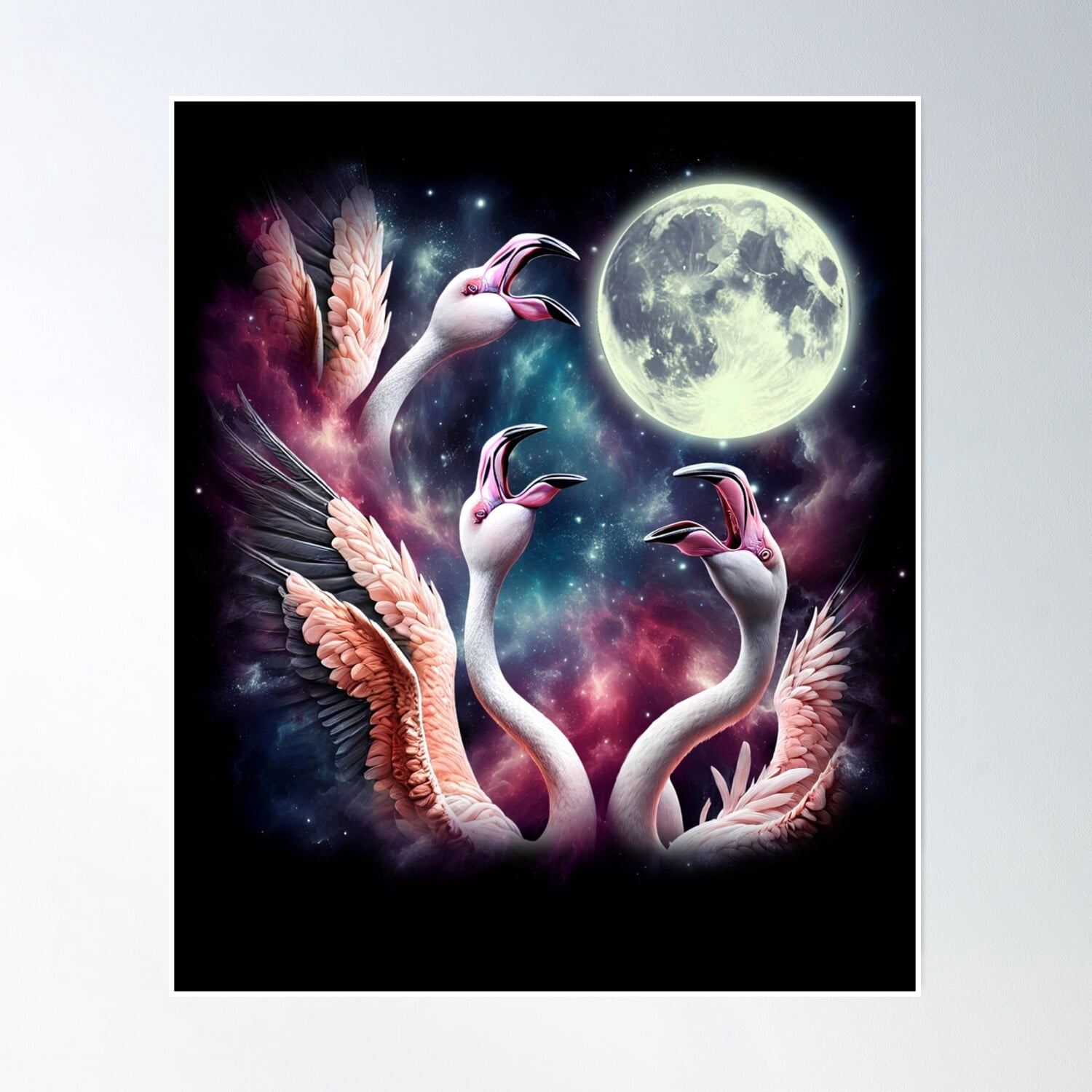 Bloom Theory Three Flamingos Howling At Moon Funny Weird Cursed Poster ...