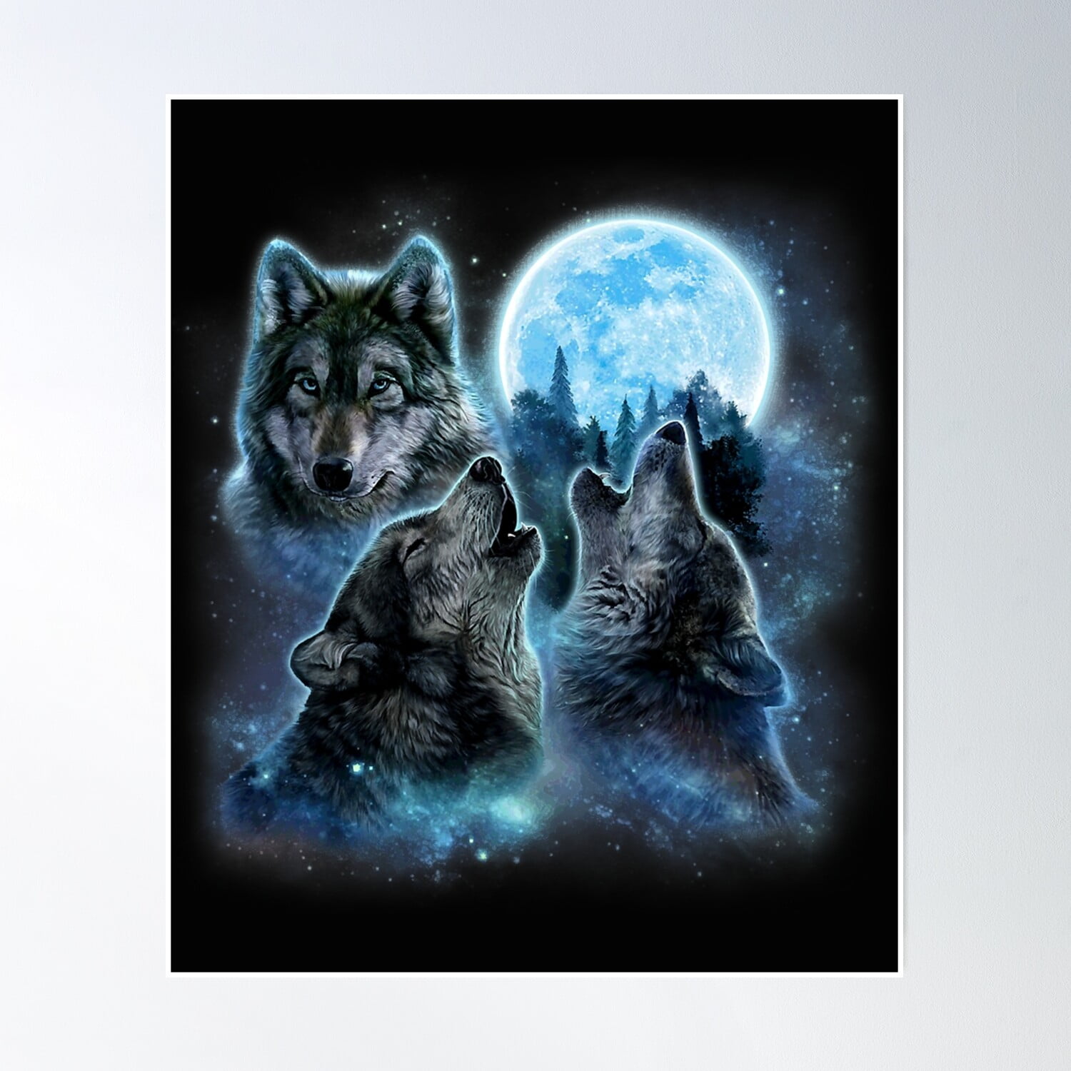 Bloom Theory Three Wolves Howling Under Icy Full Moon Gray Wolf Poster ...