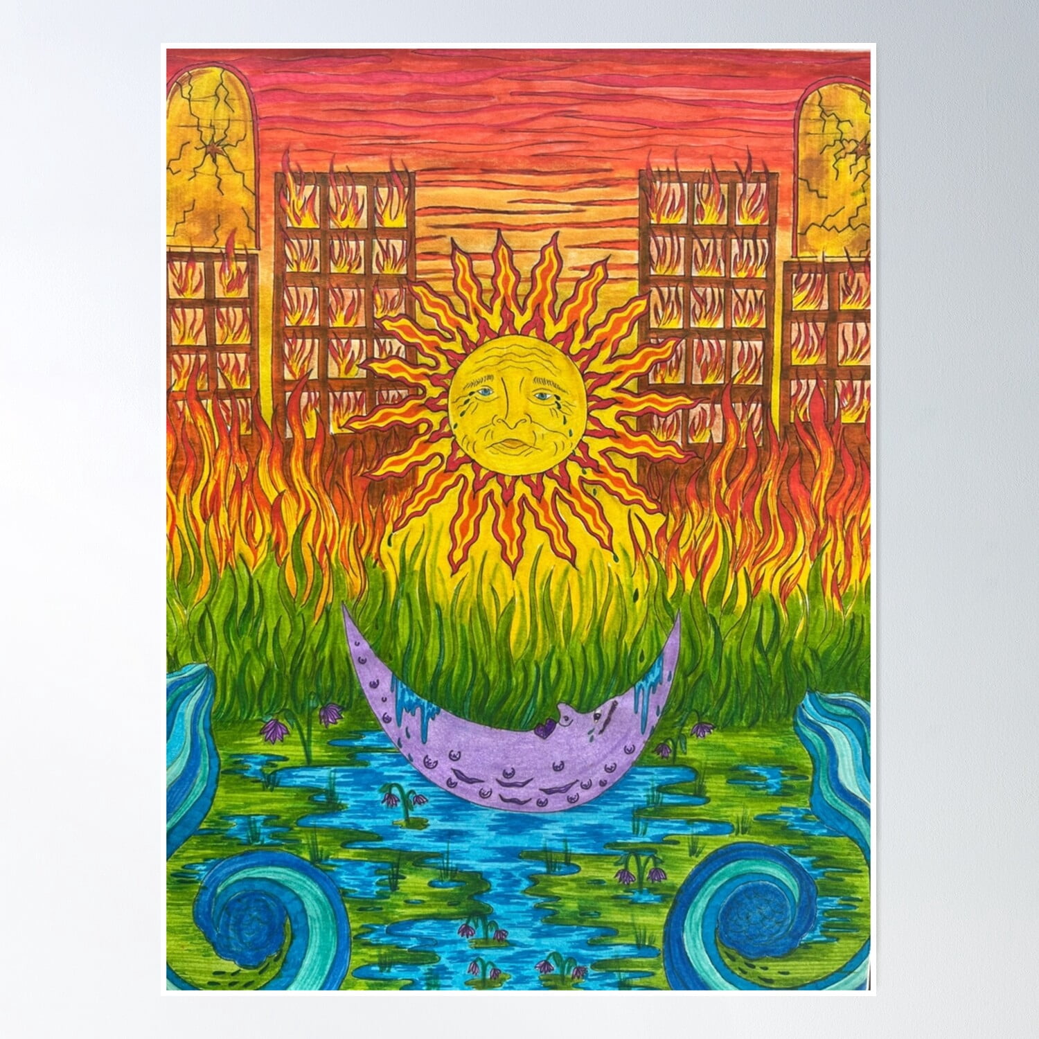 Bloom Theory Trippy Sun And Moon Poster Wall Art, Modern Wall Decor ...