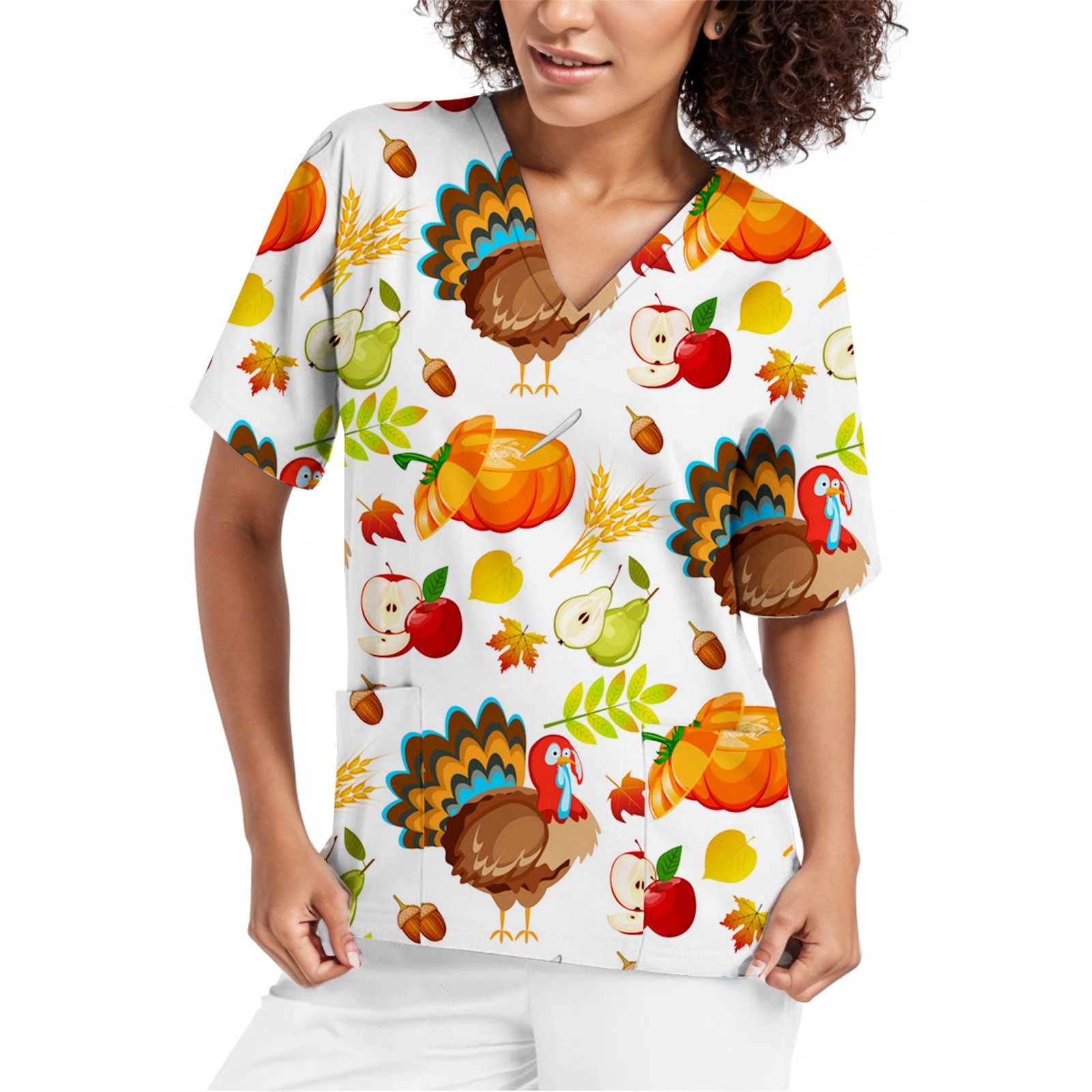 BloomJoy Scrubs for Women Ladies' Thanksgiving Printed Short Sleeved ...