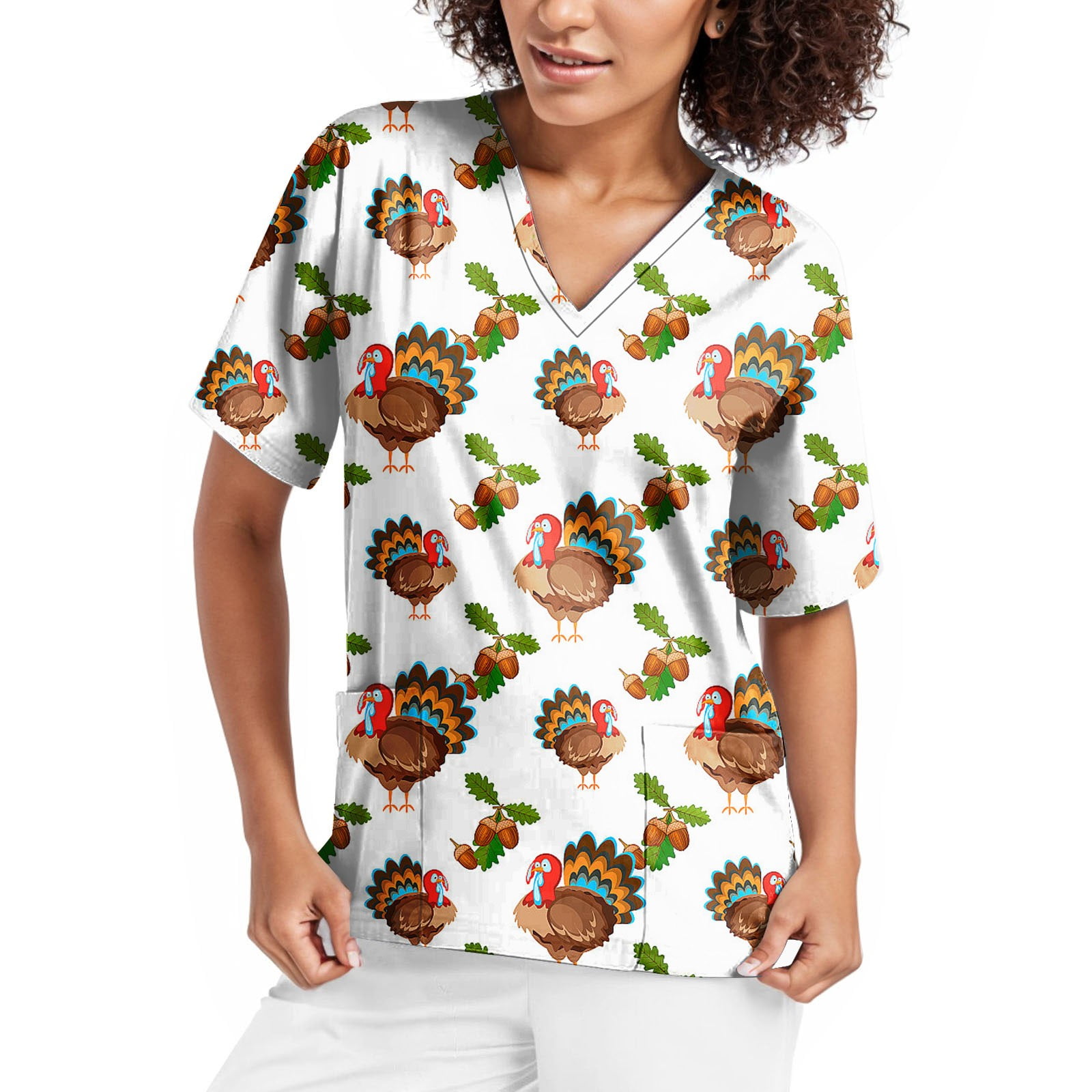 BloomJoy Scrubs for Women Thanksgiving Women Short Sleeve V Neck Turkey ...