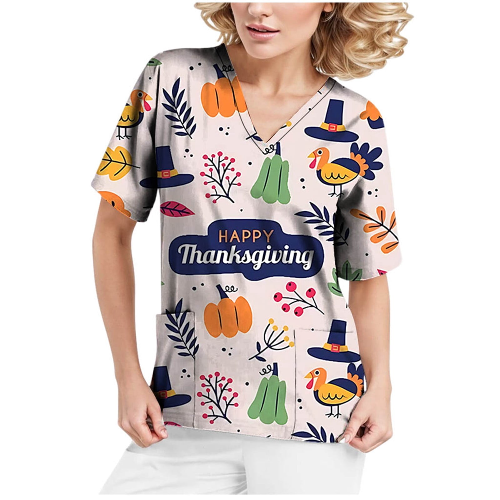 BloomJoy Scrubs for Women V Neck Short Sleeve With Pocket Thanksgiving ...