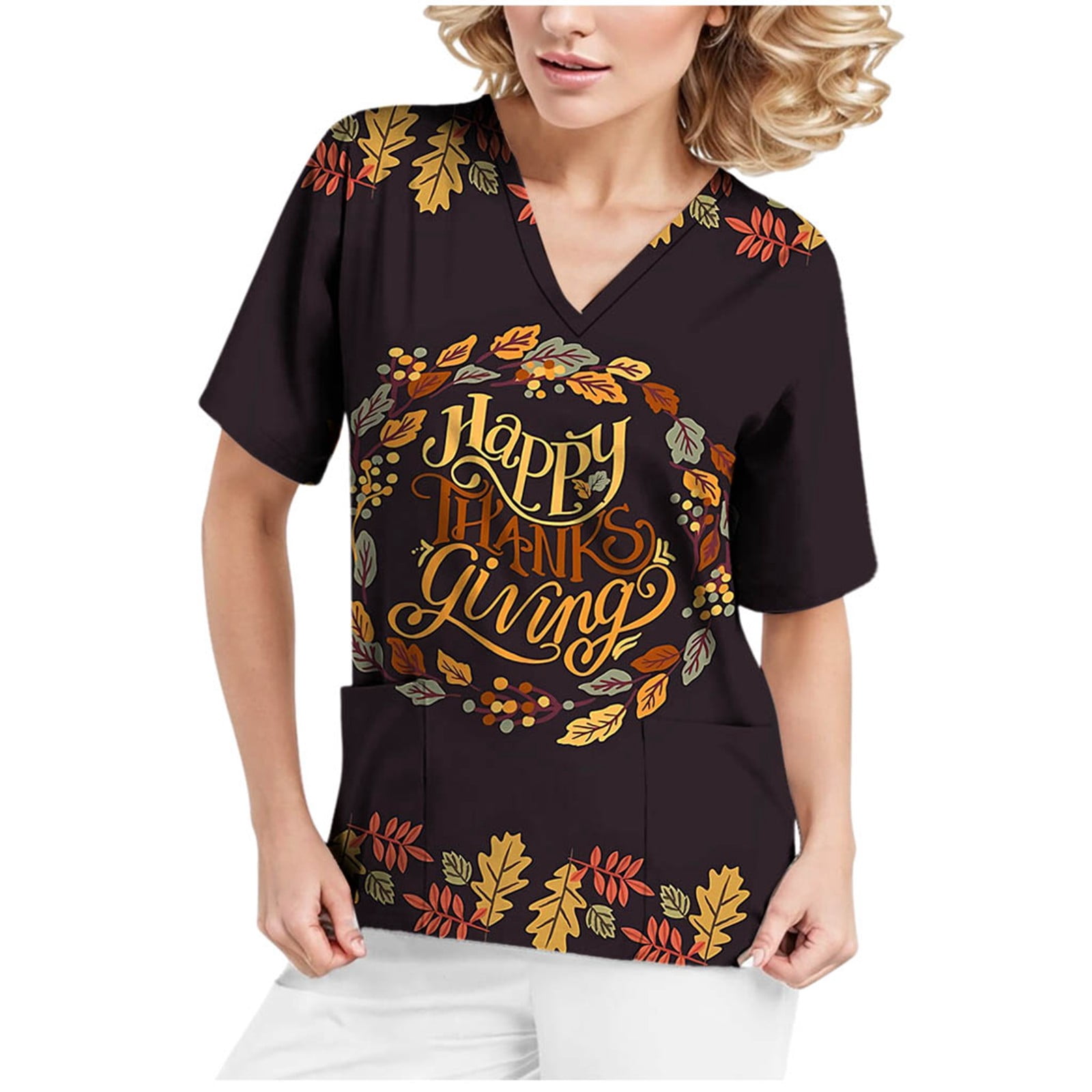 BloomJoy Scrubs for Women V Neck Short Sleeve With Pocket Thanksgiving ...