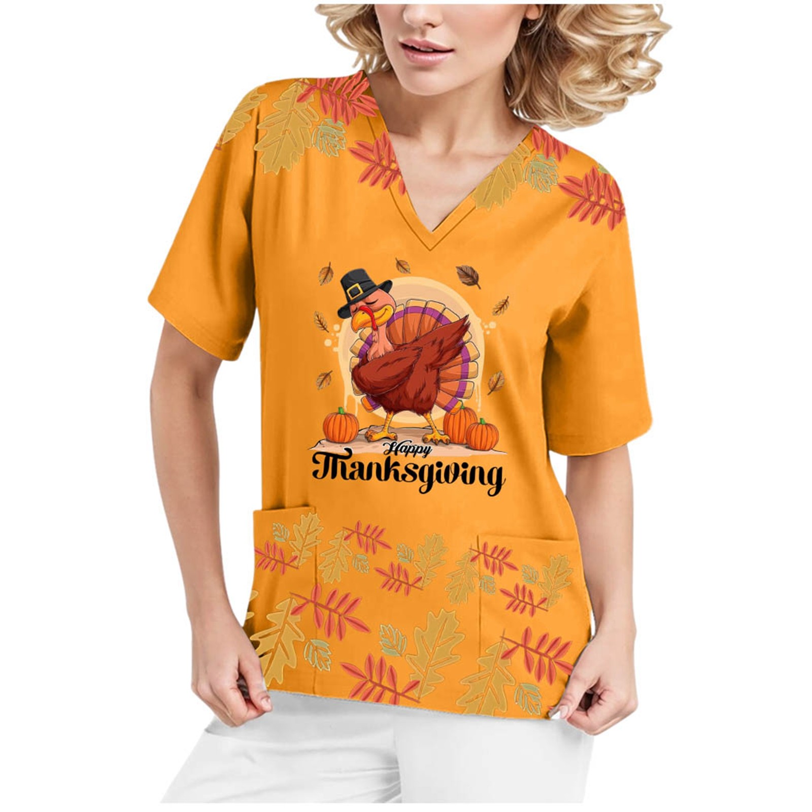 BloomJoy Scrubs for Women V Neck Short Sleeve With Pocket Thanksgiving ...