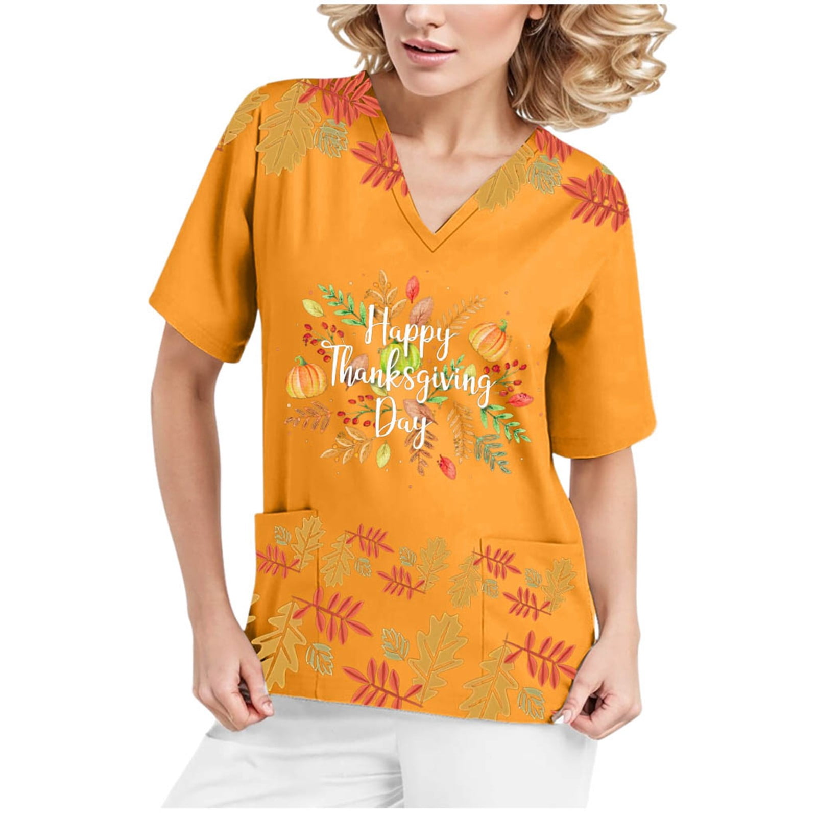BloomJoy Scrubs for Women V Neck Short Sleeve With Pocket Thanksgiving ...