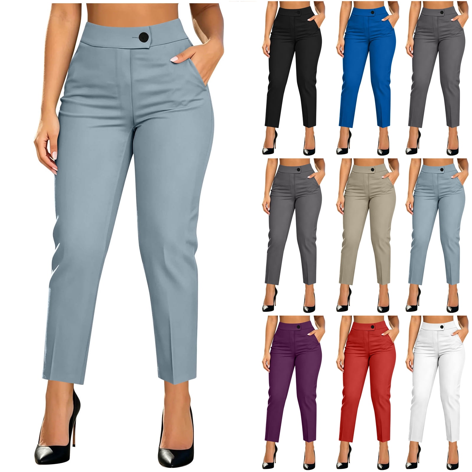 Bloomae Ankle Pants Pants for Women Button Elastic High Waisted Dress ...
